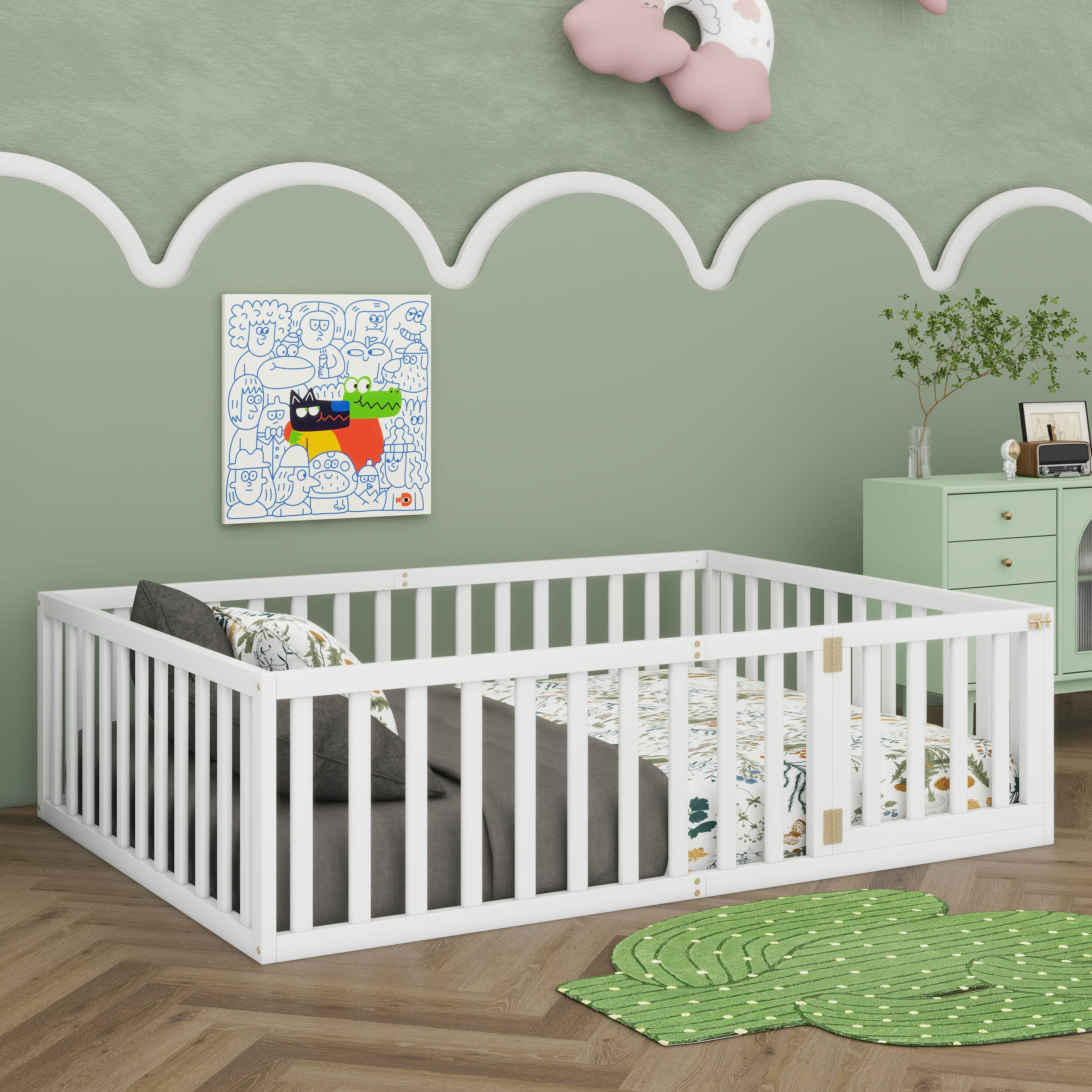 Harriet Bee Sturdy Queen Size Wood Floor Bed Frame With Fence And Door ...