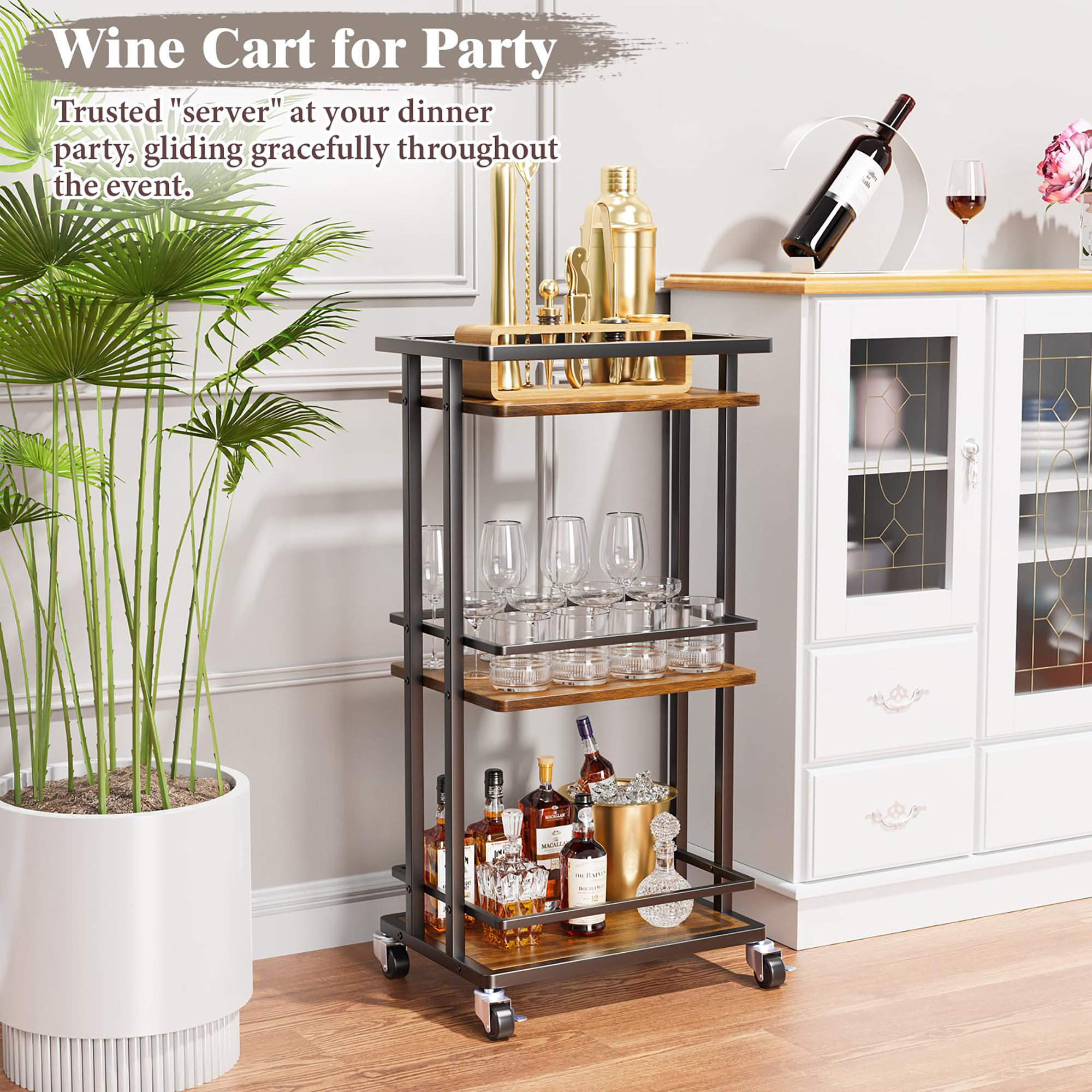 17 Stories 3 Tier Bar Cart for Home, Rolling Mini Liquor Bar for Wine ...