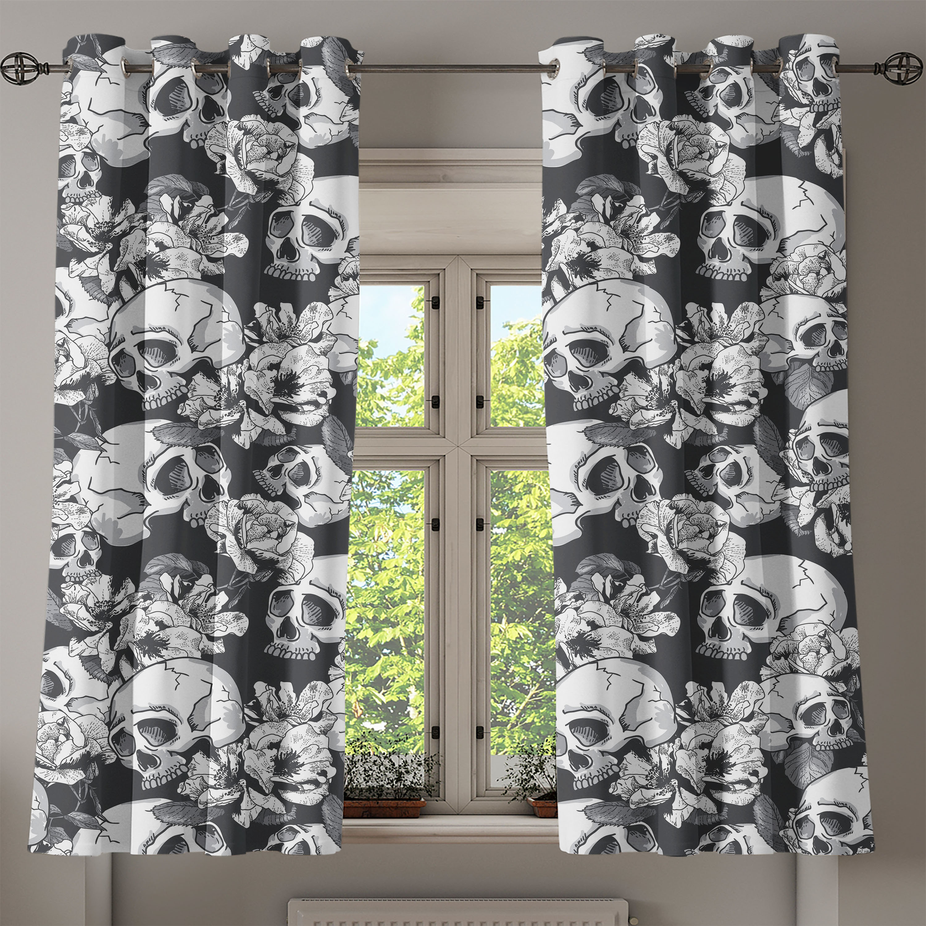 Astoria Grand Gothic Themed Grommet Curtain Spooky Skull Pattern 50" x ...