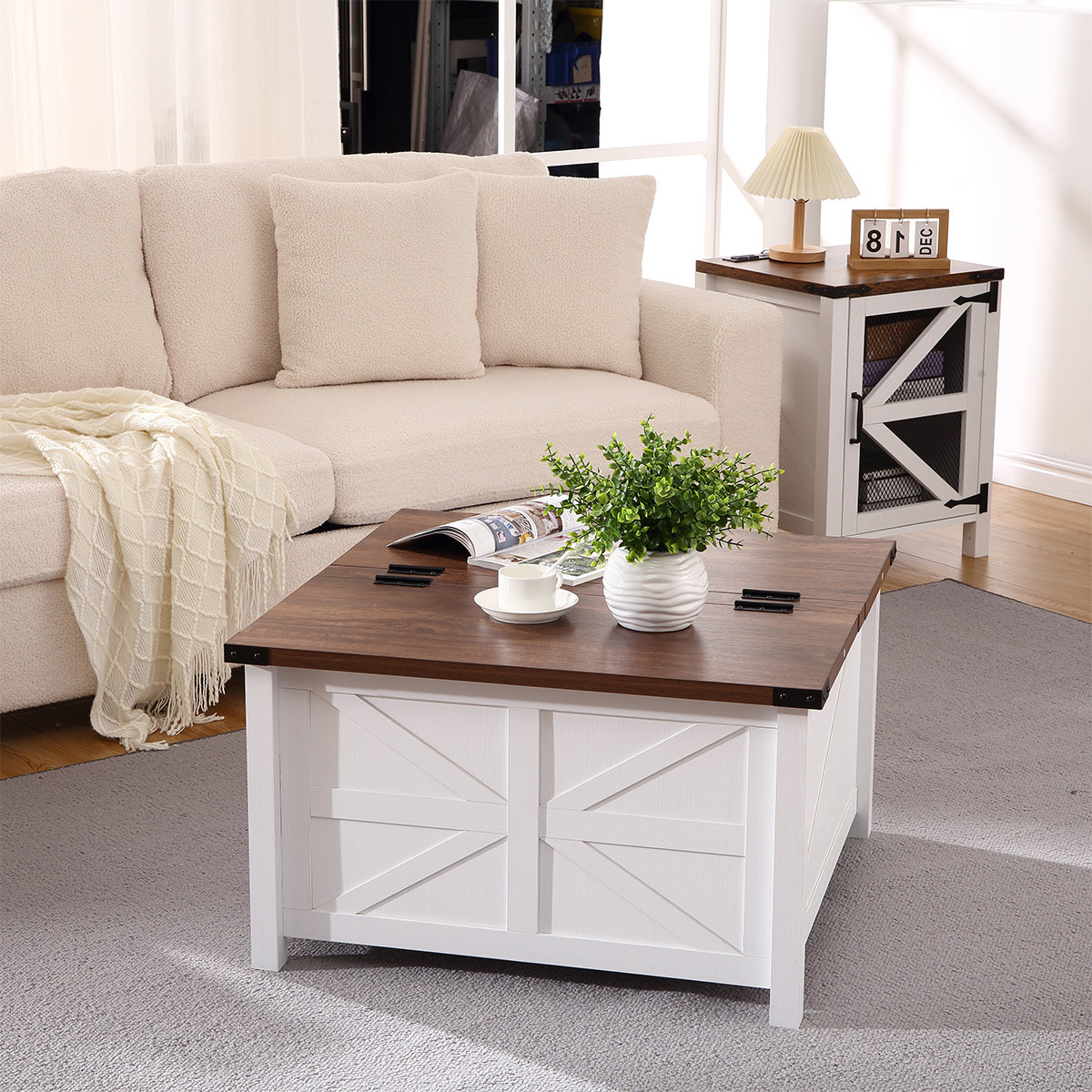 Gracie Oaks Jakelle Farmhouse Coffee Table with Large Hidden Storage ...