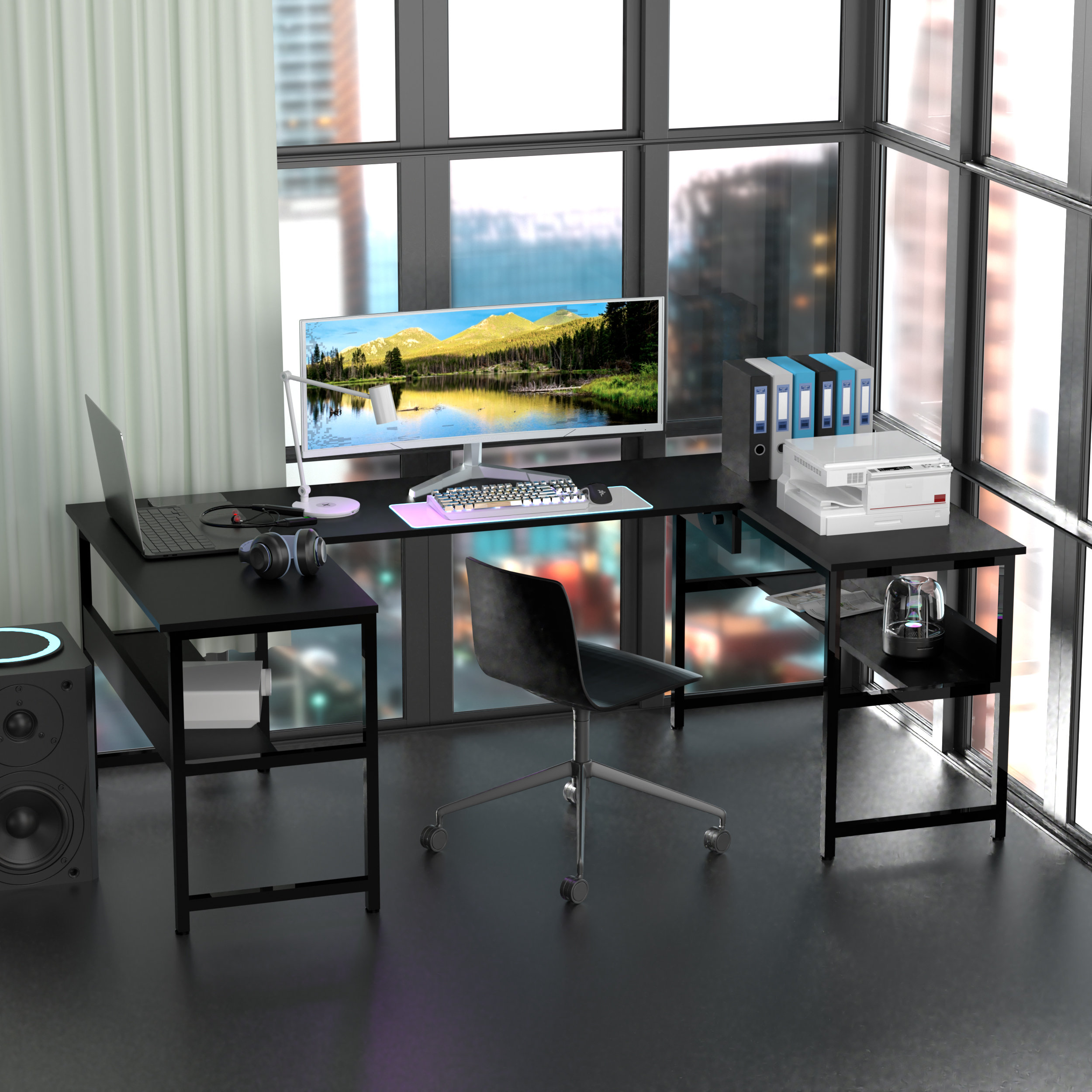 Inbox Zero Labreyah U-shaped Desk with Lift Top, Sit-to-Stand L-shaped ...