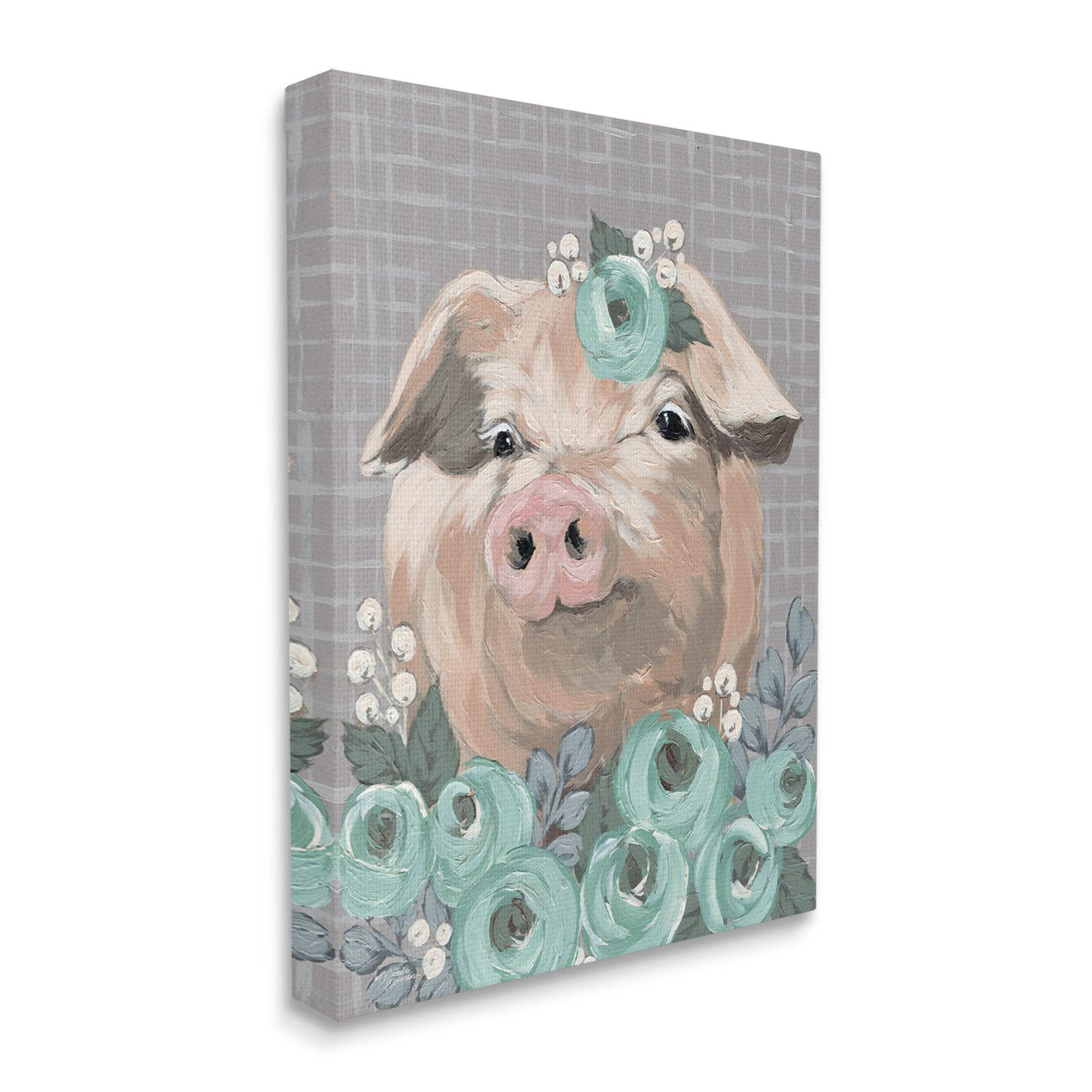 Stupell Industries Fuzzy Pig Surrounded Turquoise Flower Arrangement ...
