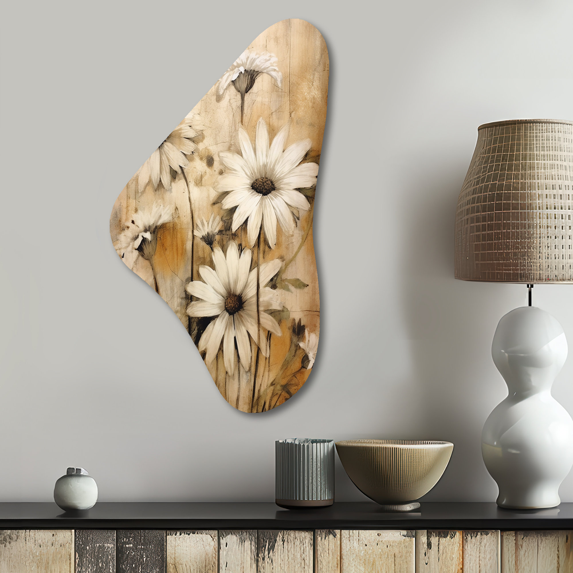 Design Art Vintage Brown Daisies Flower I - Floral Boomerang Shape ...