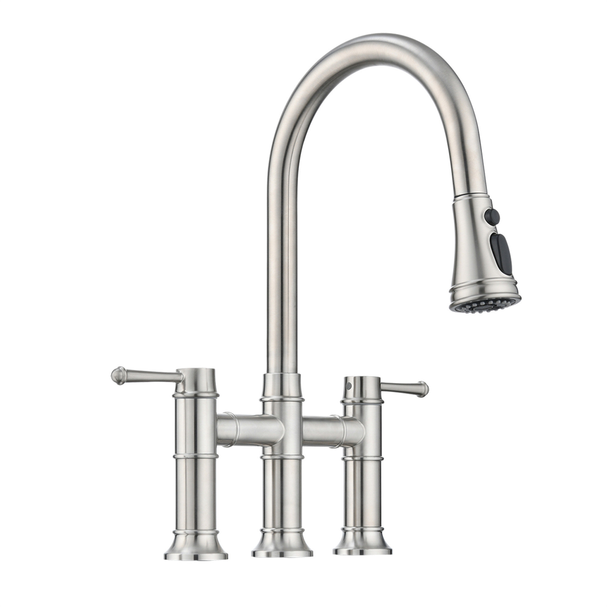 LOONGFIELD Double Handle Bridge Kitchen Faucet With Pull-Down Spray ...