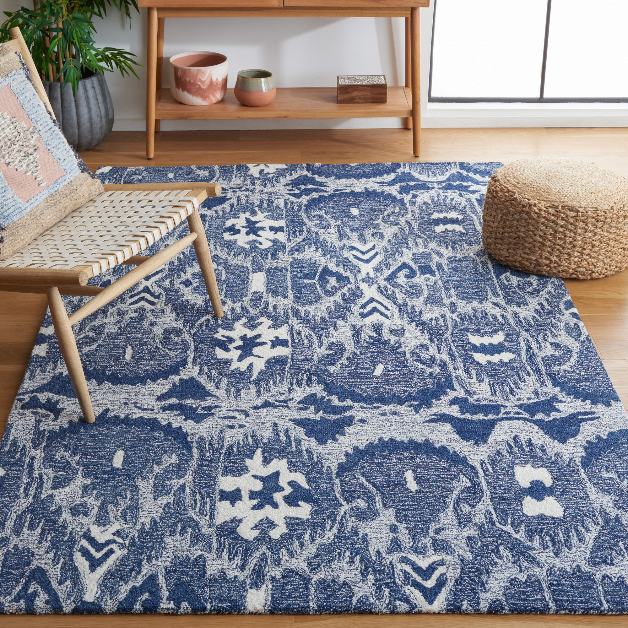 Bungalow Rose Ikat Handmade Tufted Wool Blue/Ivory Area Rug | Wayfair