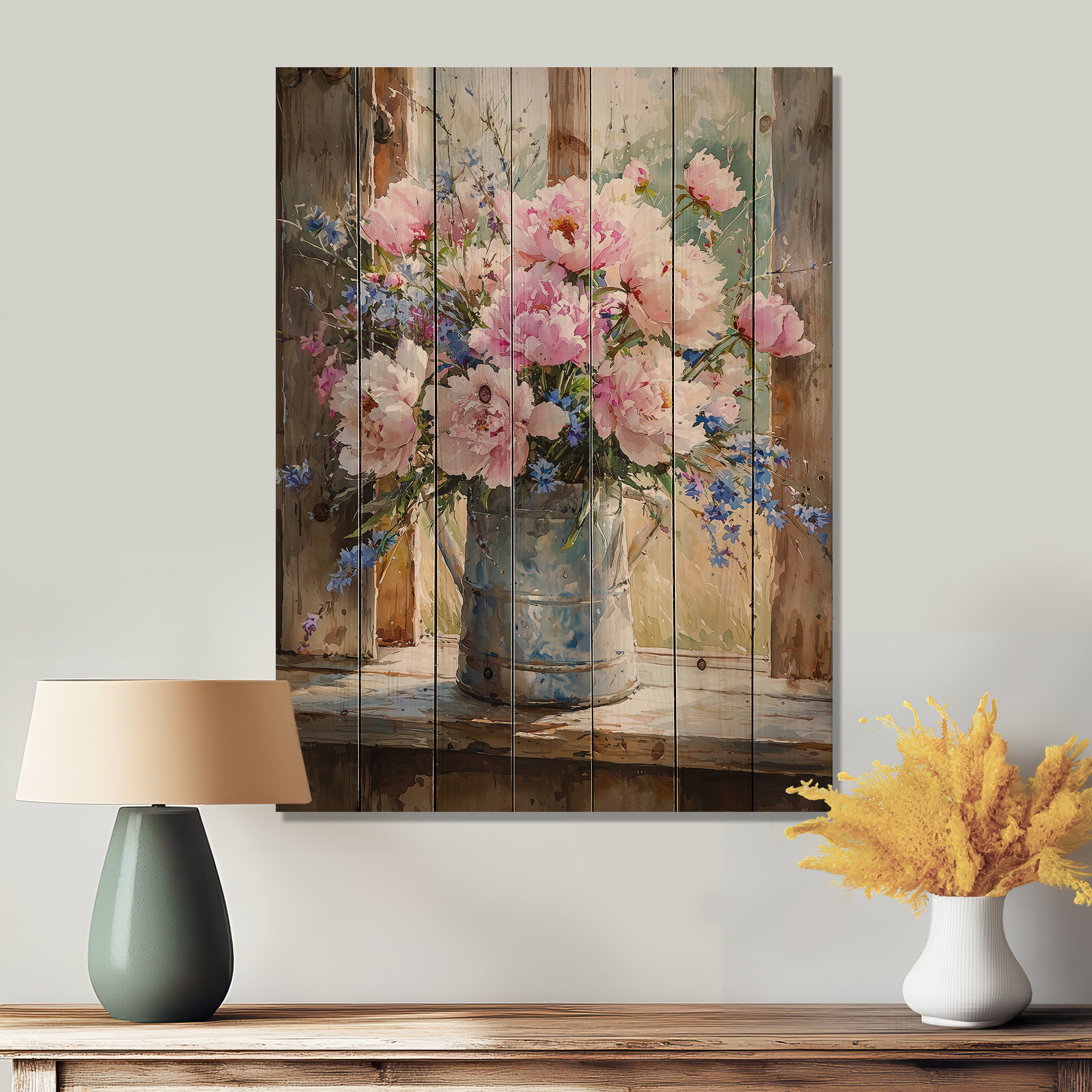 Ophelia & Co. Country Bloom Peony Bouquet II - Peonies Wood Wall Art - On Natural Pine Wood ...