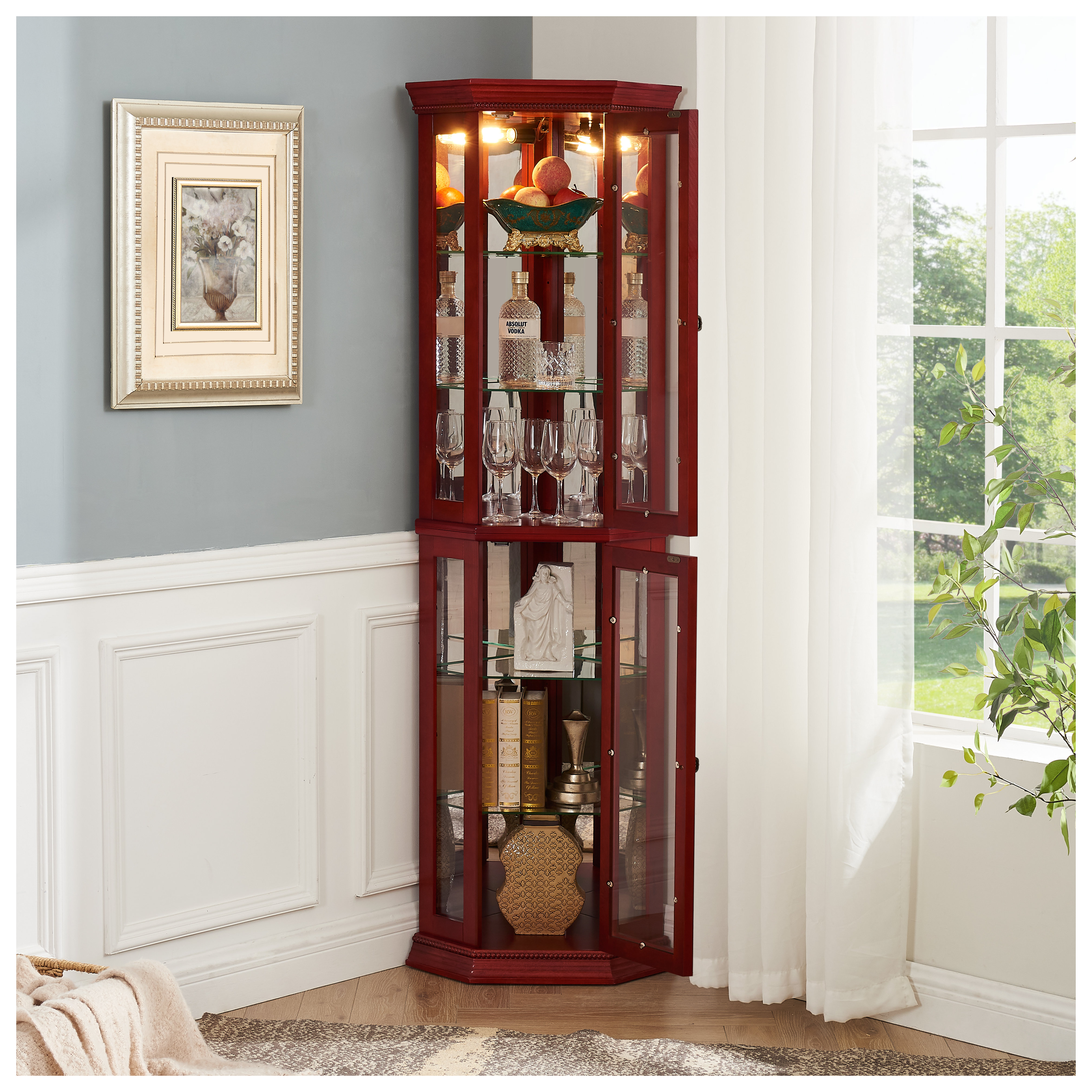 Canora Grey Lighted Corner Curio Cabinet with Tempered Glass Doors ...