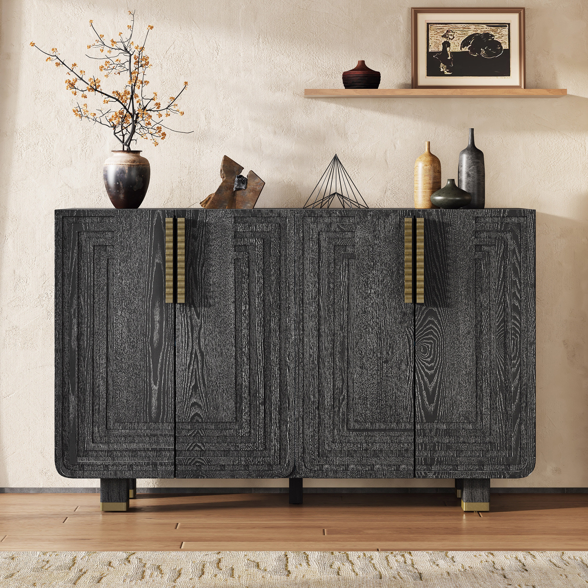 George Oliver 54" Retro Buffet Cabinet With Storage, 4-Door Vintage ...