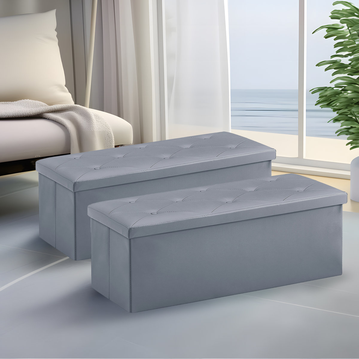 Ebern Designs Markeitha 43.2" Wide Faux Leather Tufted Storage Ottoman ...