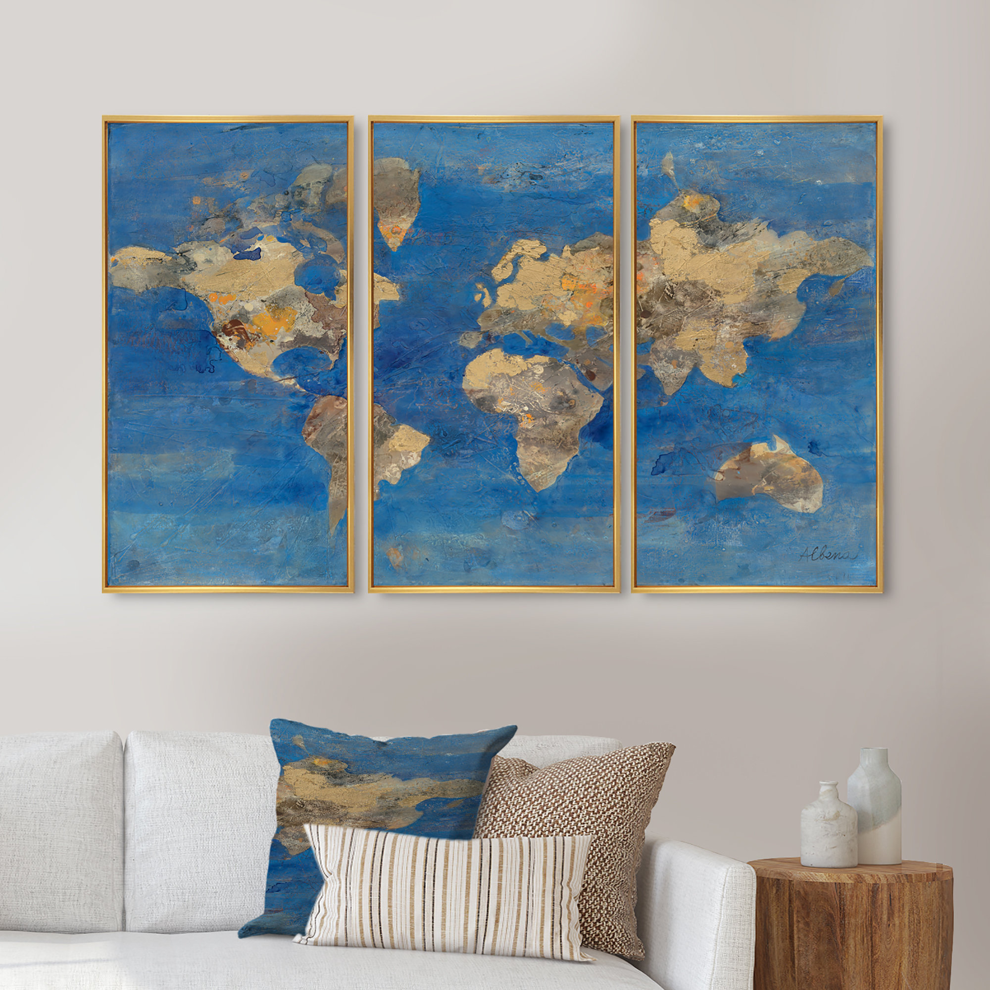 Design Art Golden Blue World Map - 3 Piece Floater Frame Print on ...