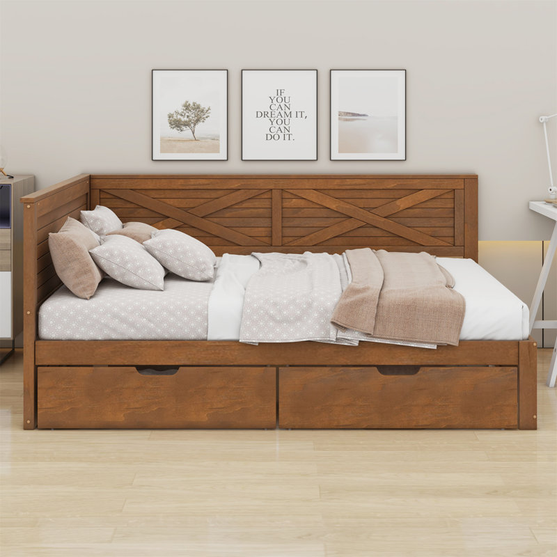 Gracie Oaks Wood Daybed With Drawers And Rustic Guardrail | Wayfair