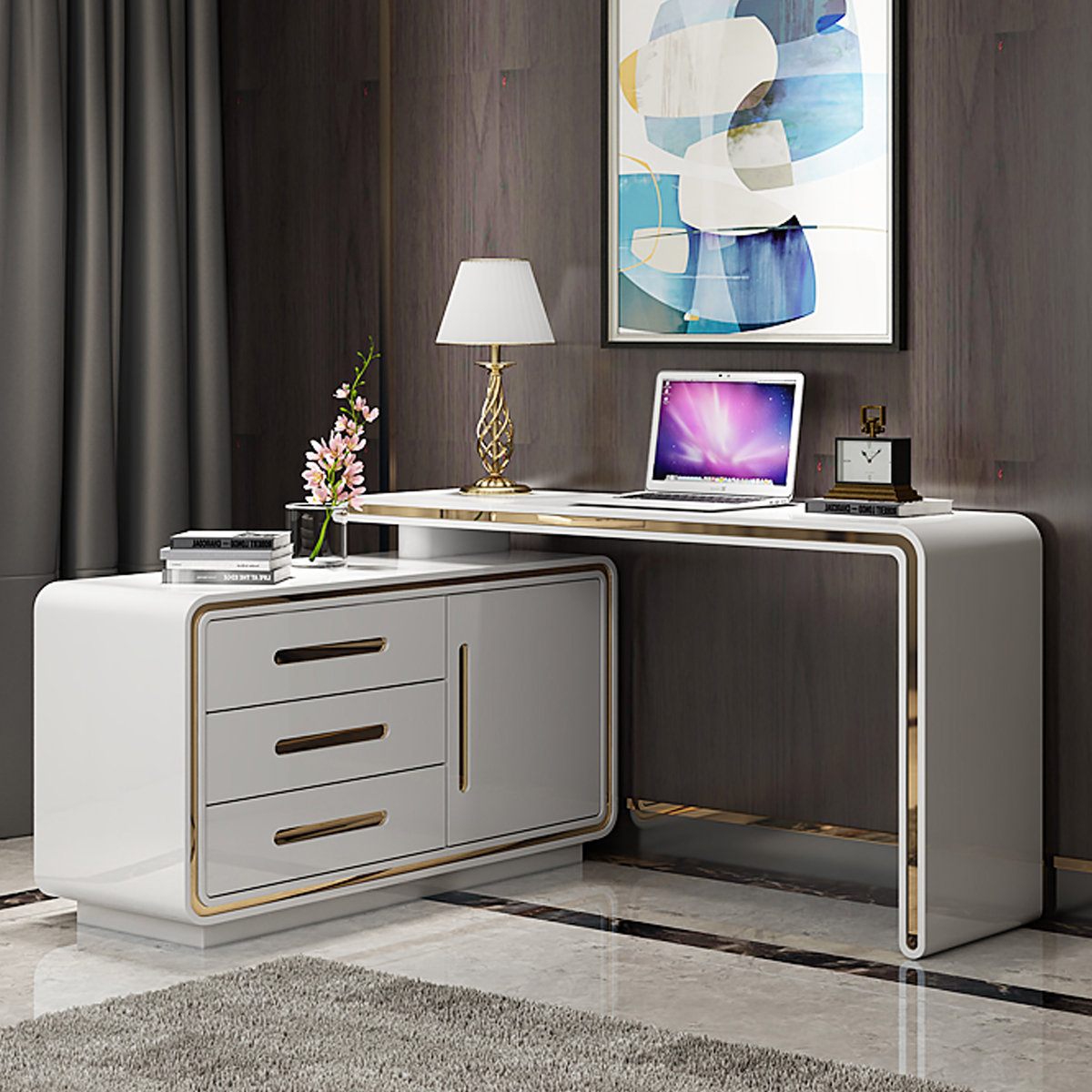 Everly Quinn Luxury Baked Enamel L-Shaped Desk for Desktop Computers ...