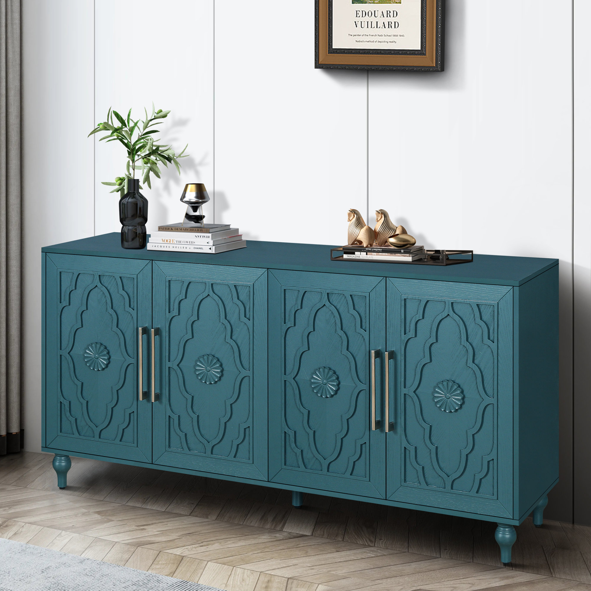 Astoria Grand '' navy blue storage cabinet with metal handles, carved ...