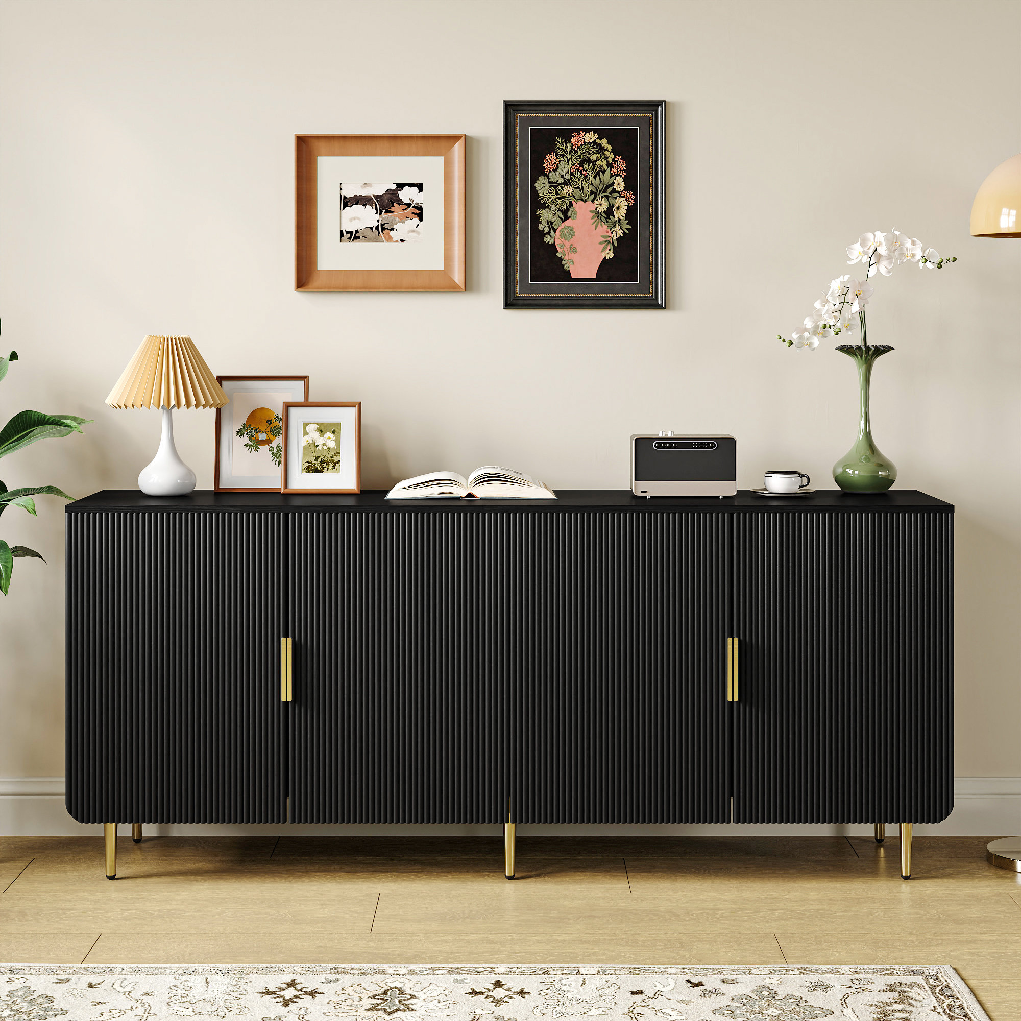 JXY 67" Modern Sideboard Buffet With Fluted Doors, Metal Legs & Soft ...