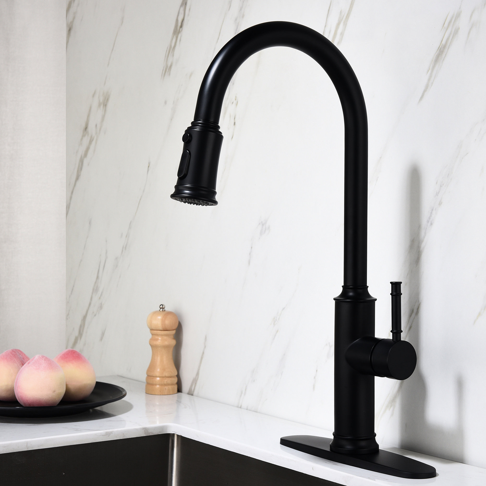 Latitude Run® Matte Black Kitchen Faucet With Pull Out , Stainless ...
