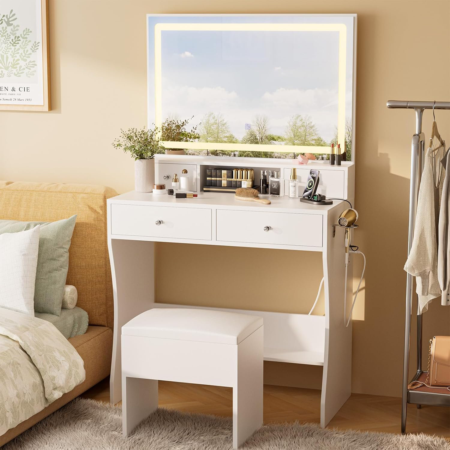 Ebern Designs Vanity Desk with LED Mirror Makeup Vanity Set with Power ...