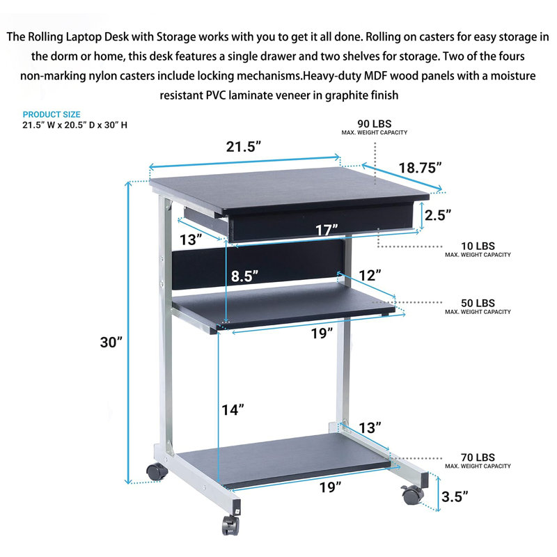 MODVAT Black Rolling Laptop Cart with Storage | Wayfair