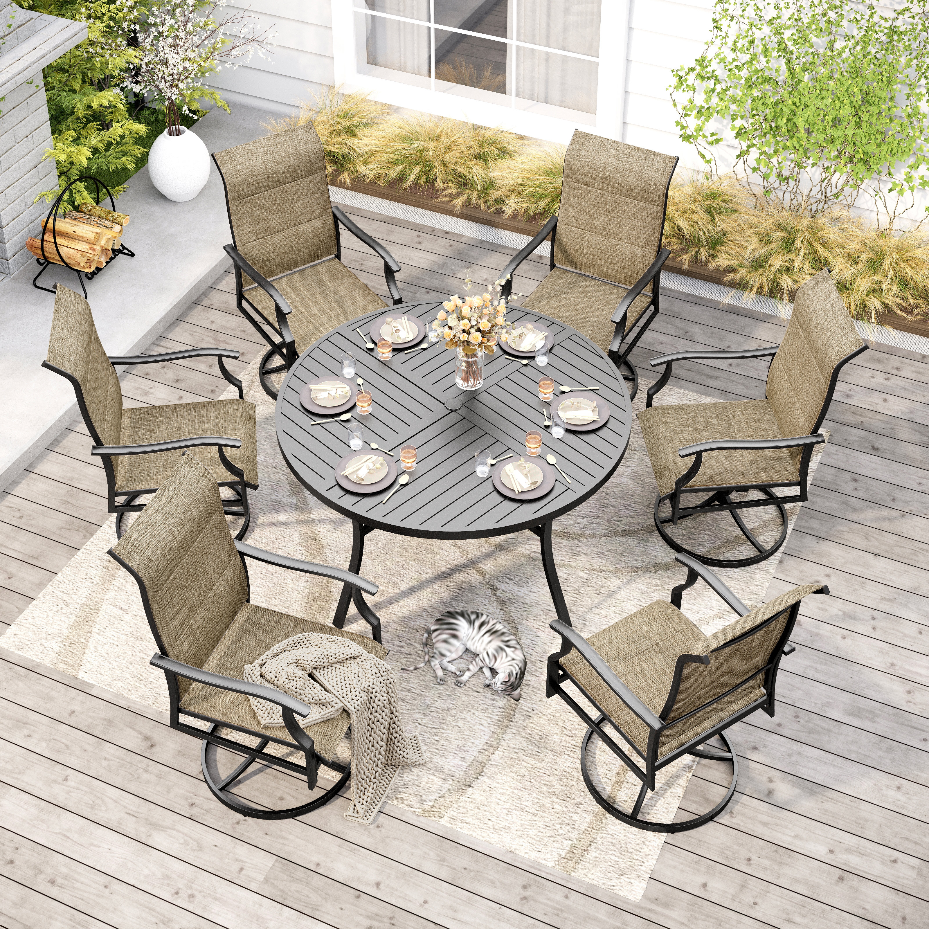 Winston Porter 8pcs Outdoor Patio Dining Set Round Table With Swivel ...