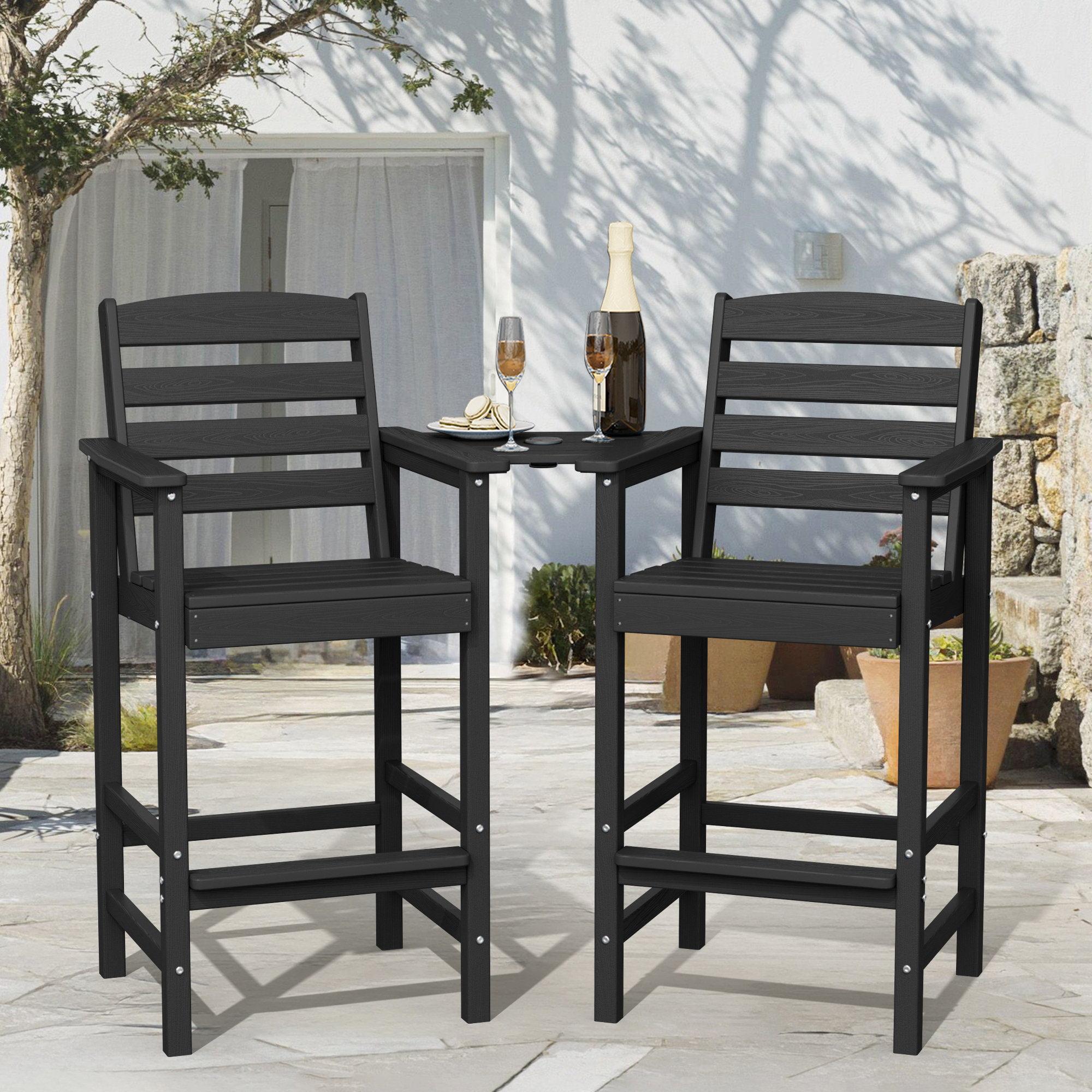 Lark Manor™ HDPE Outdoor High Bar Stool Adirondack Chair Set With Table ...