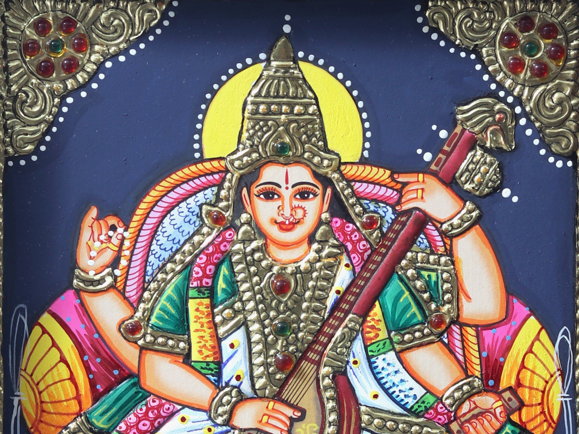 Sitting+Devi+Saraswati+Playing+Veena+|+Tanjore+Painting+with+Teakwood ...