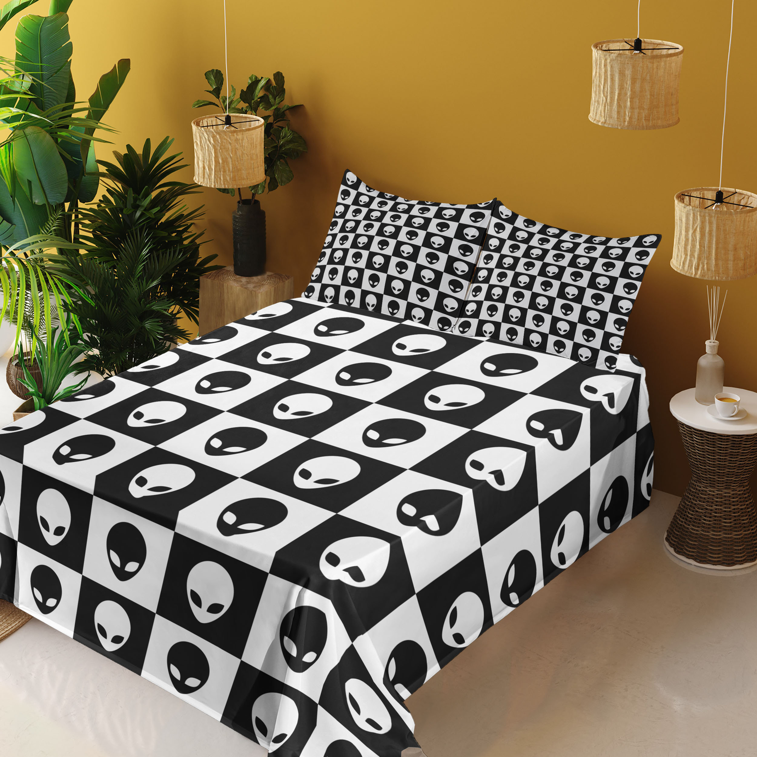 Ambesonne Alien Sheet Set Extraterrestrial Checkered Charcoal Grey ...