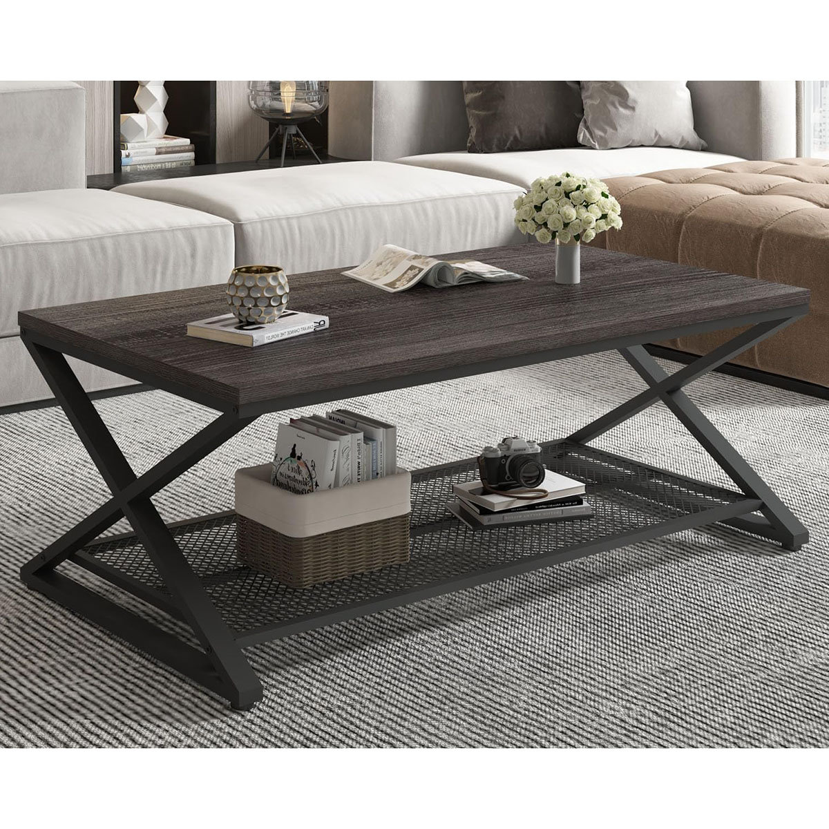 17 Stories Black Coffee Table, Wood Metal 2 Tier Center Tables With ...