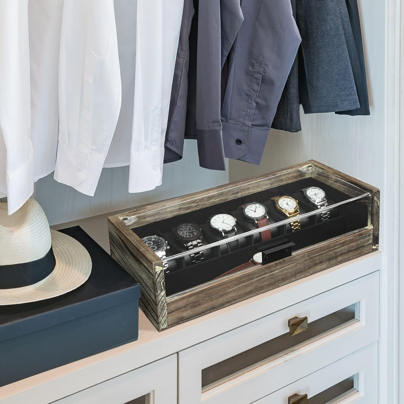 Millwood Pines Rustic Wood Watch Box With 7 Compartment Slot Watch ...