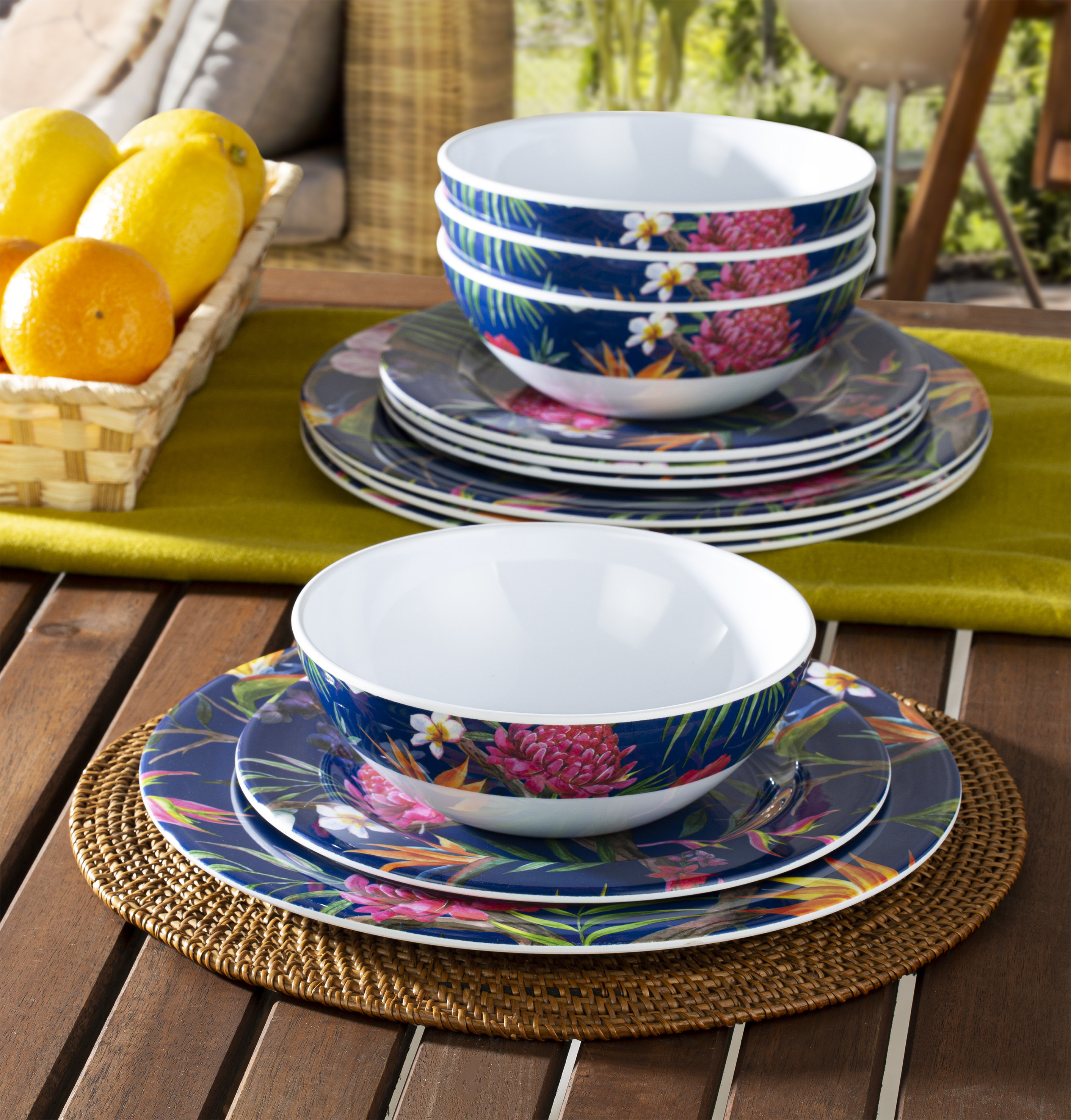 Waterside Tropical 12 Piece Melamine Dinnerware Set, Service for 4 ...