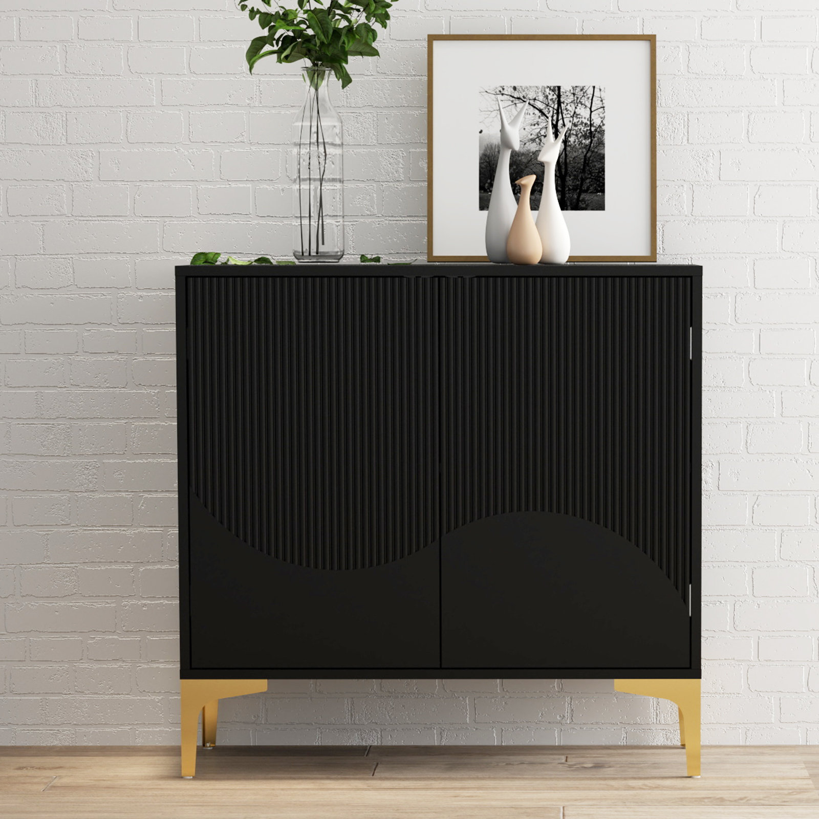 Mercer41 32"W Black Sideboard,Side Storage Cabinet with stripes,Accent ...