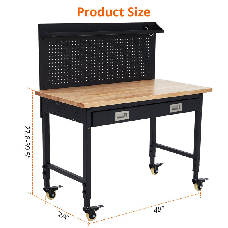 babevy 48" Adjustable Workbench For Garage, Rubber Wood Table Heavy ...