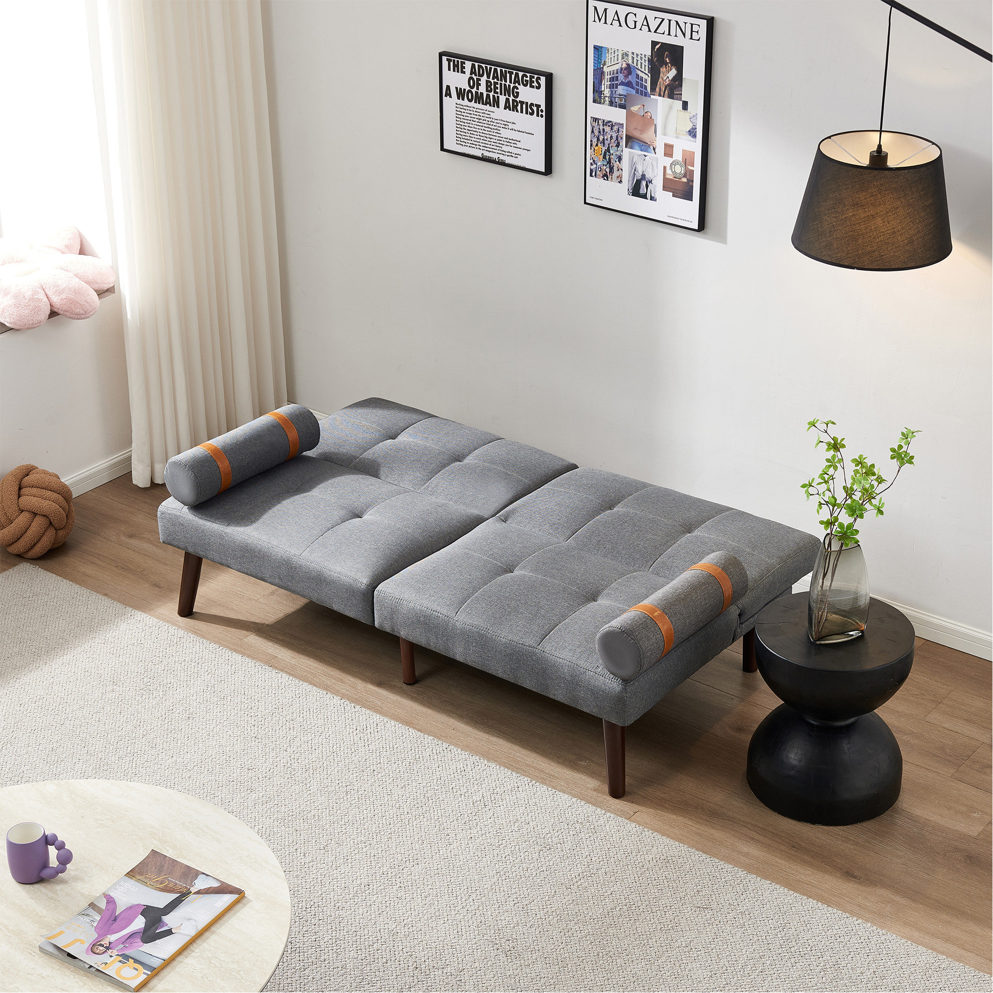 Ebern Designs Convertible Sofa Bed Futon With Solid Wood Legs Linen ...