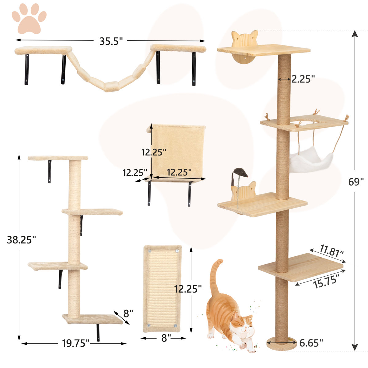 Tucker Murphy Pet™ Damyanti Wall-mounted Cat Tree Shelved 6 Pcs ...