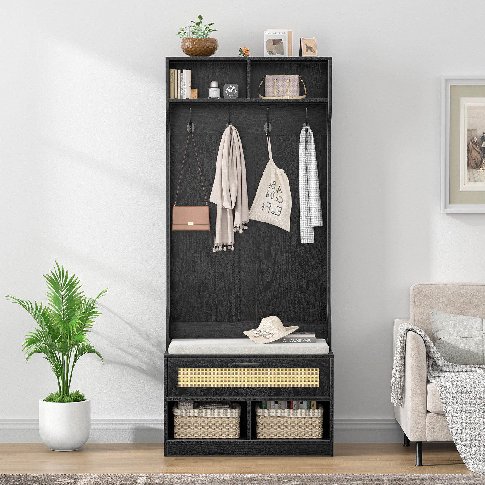 Bay Isle Home™ Cesilia Black Hall Tree 28.35'' Wide With Bench And Shoe ...