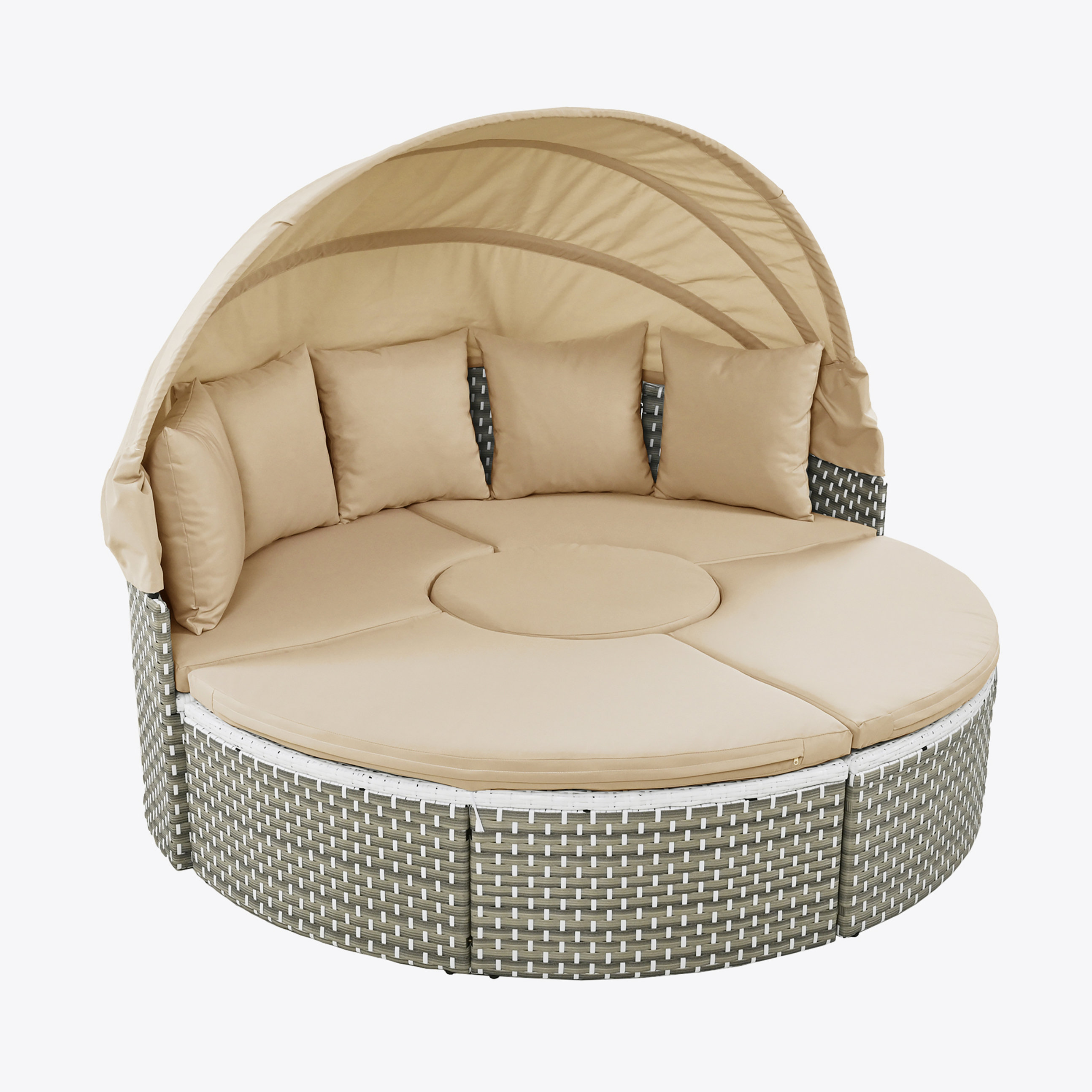 Dakota Fields Patio Furniture Round Outdoor Sectional Sofa Set Rattan Daybed Two-Tone Weave ...