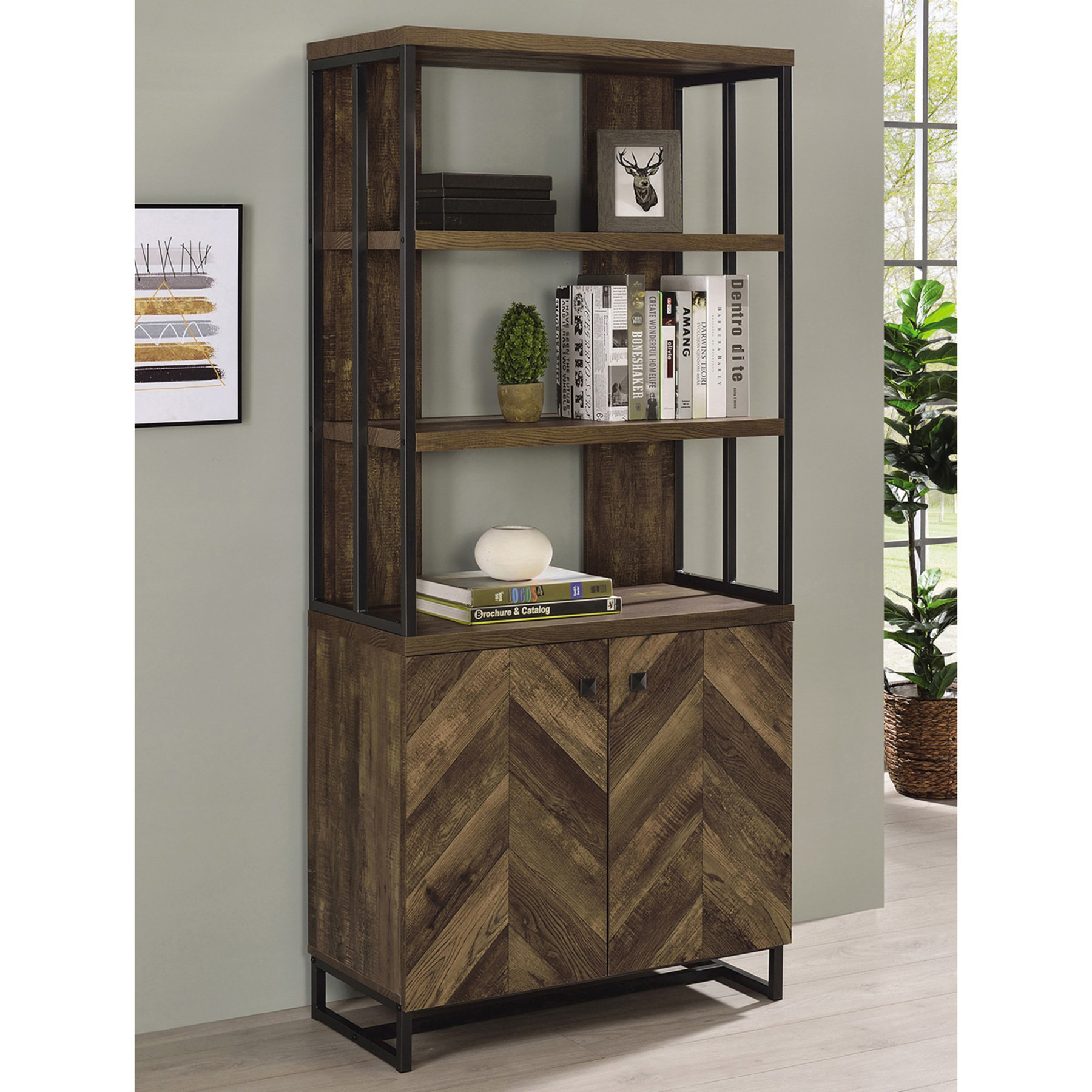17 Stories 2-Door Bookcase in Rustic Oak Herringbone and Gunmetal ...