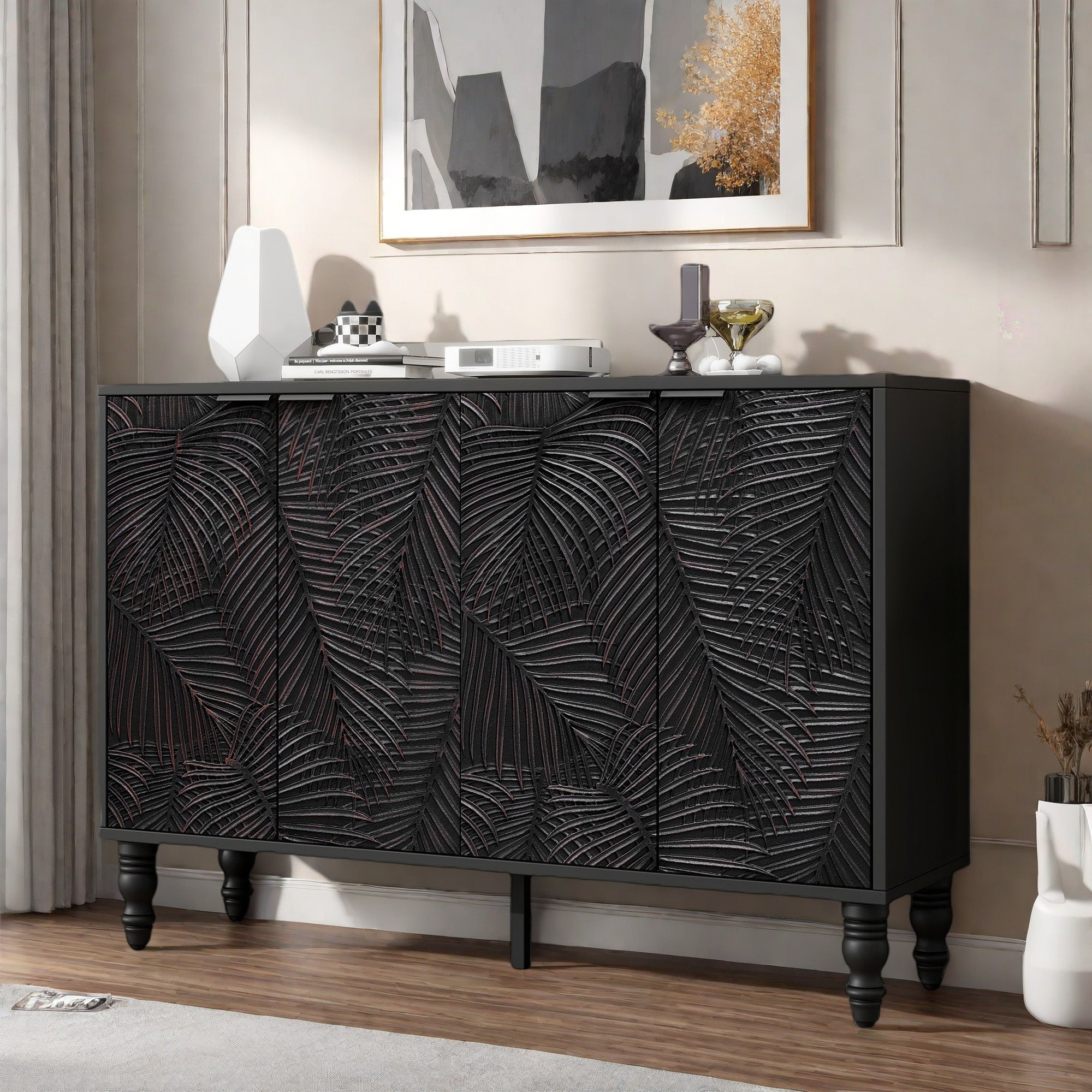 Bay Isle Home™ Buffet rétro à 4 portes avec une sculpture de feuille ...