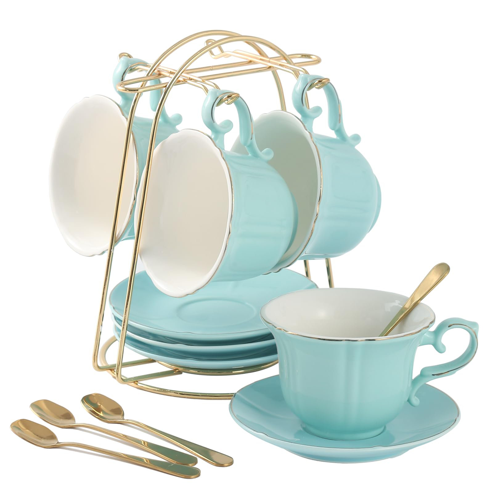 shuoli Tea Cups And Saucers Set Of 4 (8 OZ), Nile Blue Tea Cup Set With ...