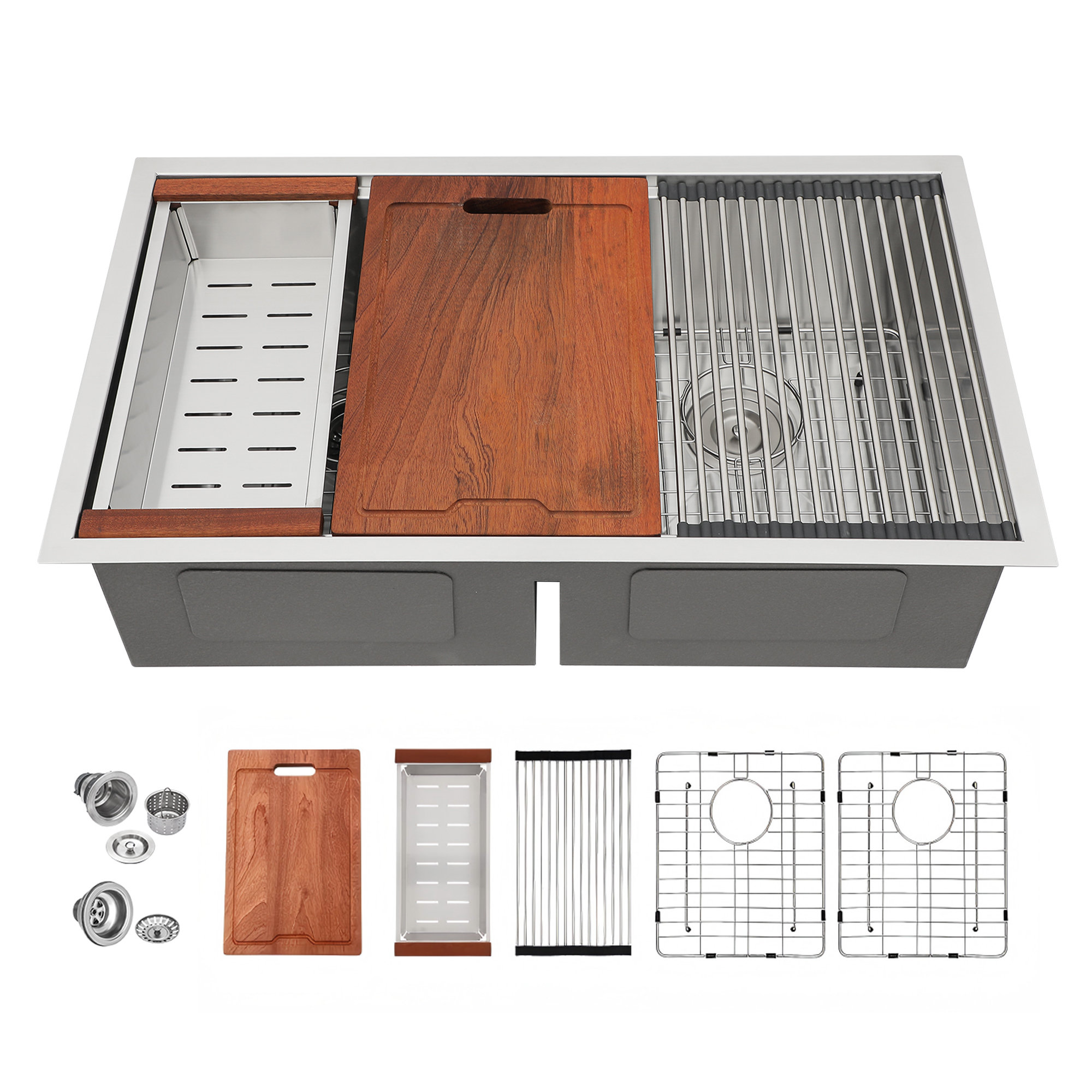Sarlai 32" L x 19" W Undermount Double Kitchen Sink Stainless Steel 16 ...