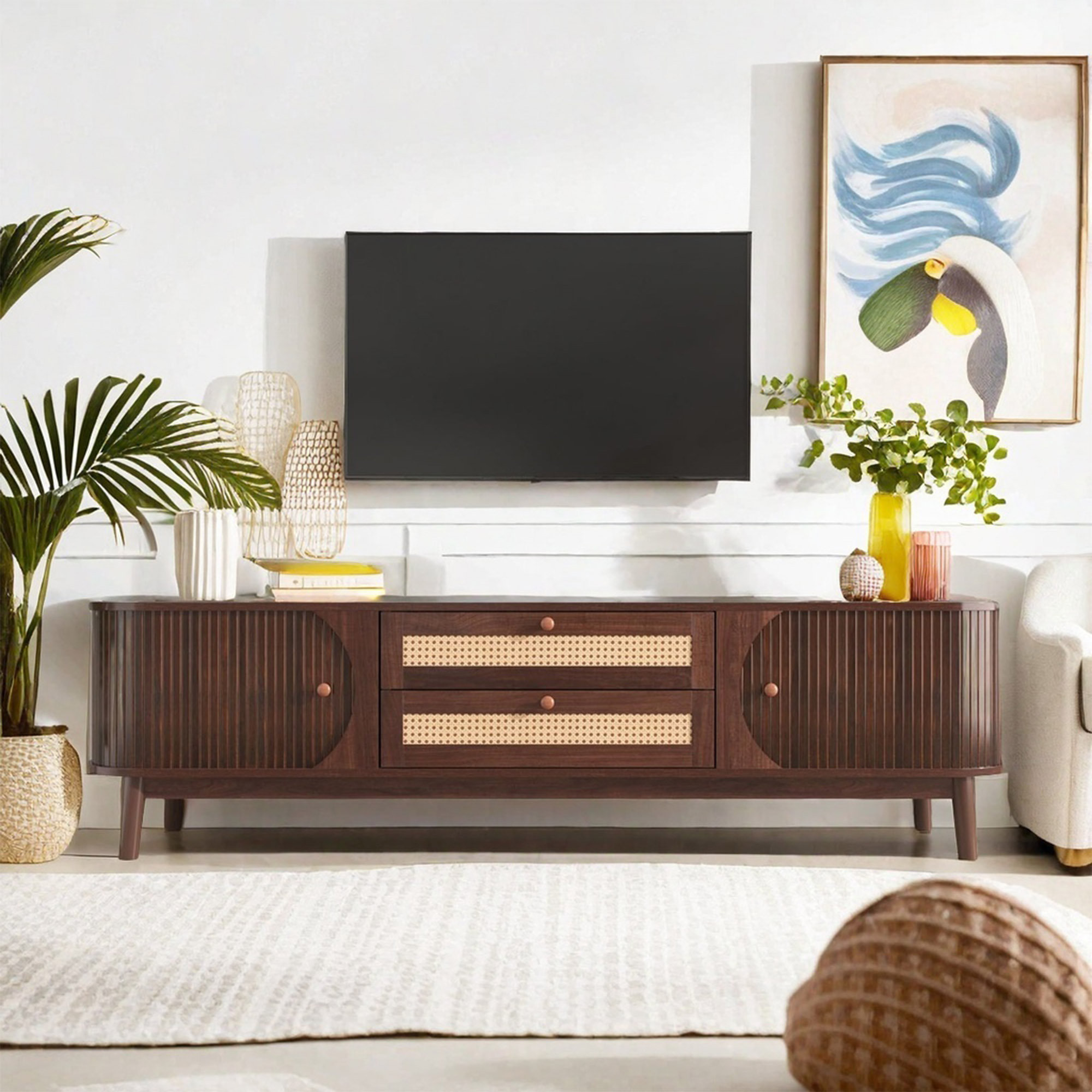 Bay Isle Home™ Rattan TV Stand Up To 75" With Sliding Door, Mid-Century ...