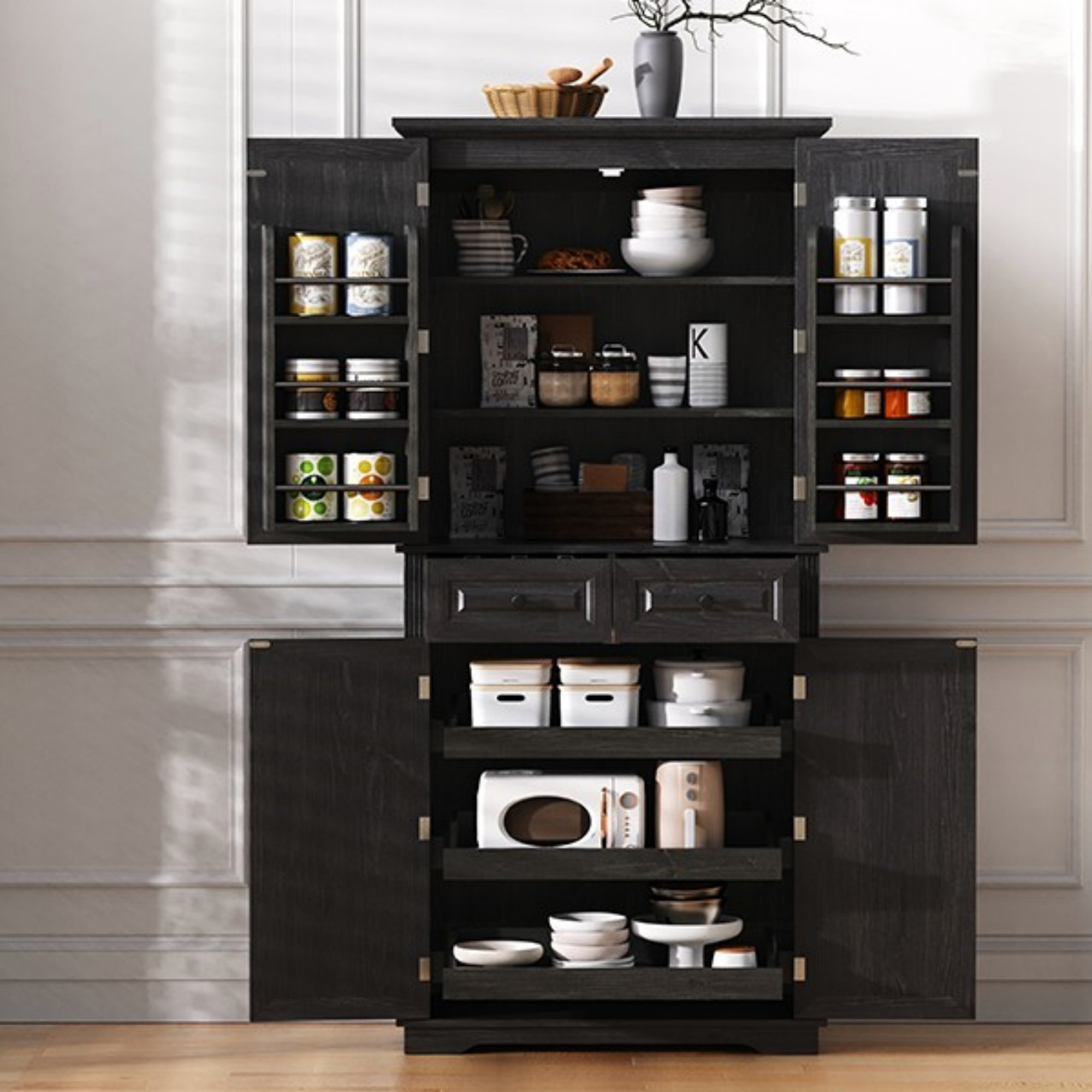 Canora Grey 71" Tall Kitchen Pantry Cabinet With 3 Pull Out Cabinet ...