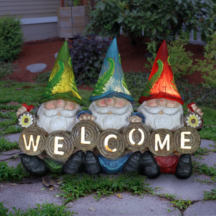 Exhart Solar Three Gnomes with Welcome Sign Garden Statuary, 13 by 9 Inches