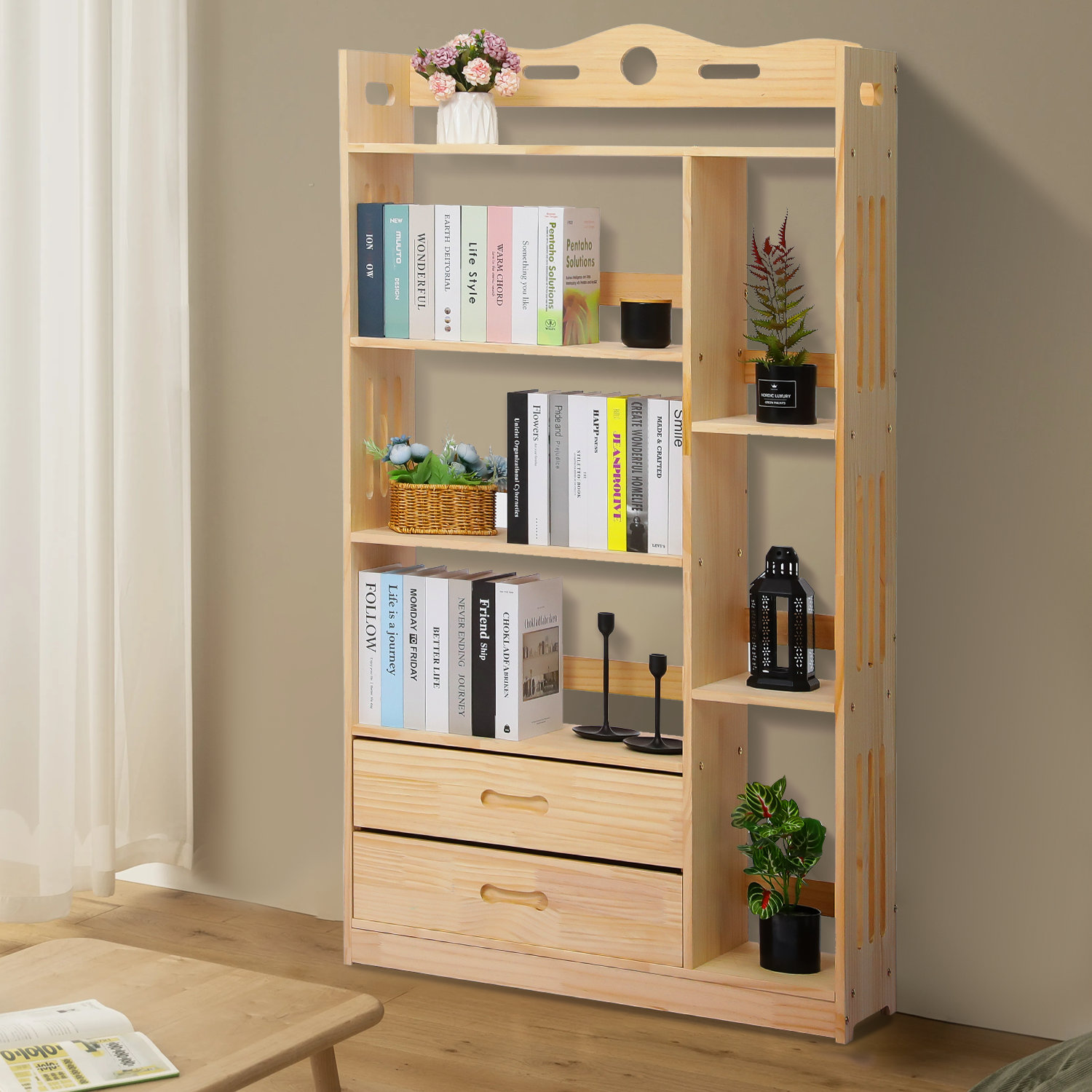 Latitude Run® Natural Wooden Bookcase with 2 Drawers, Display Storage ...