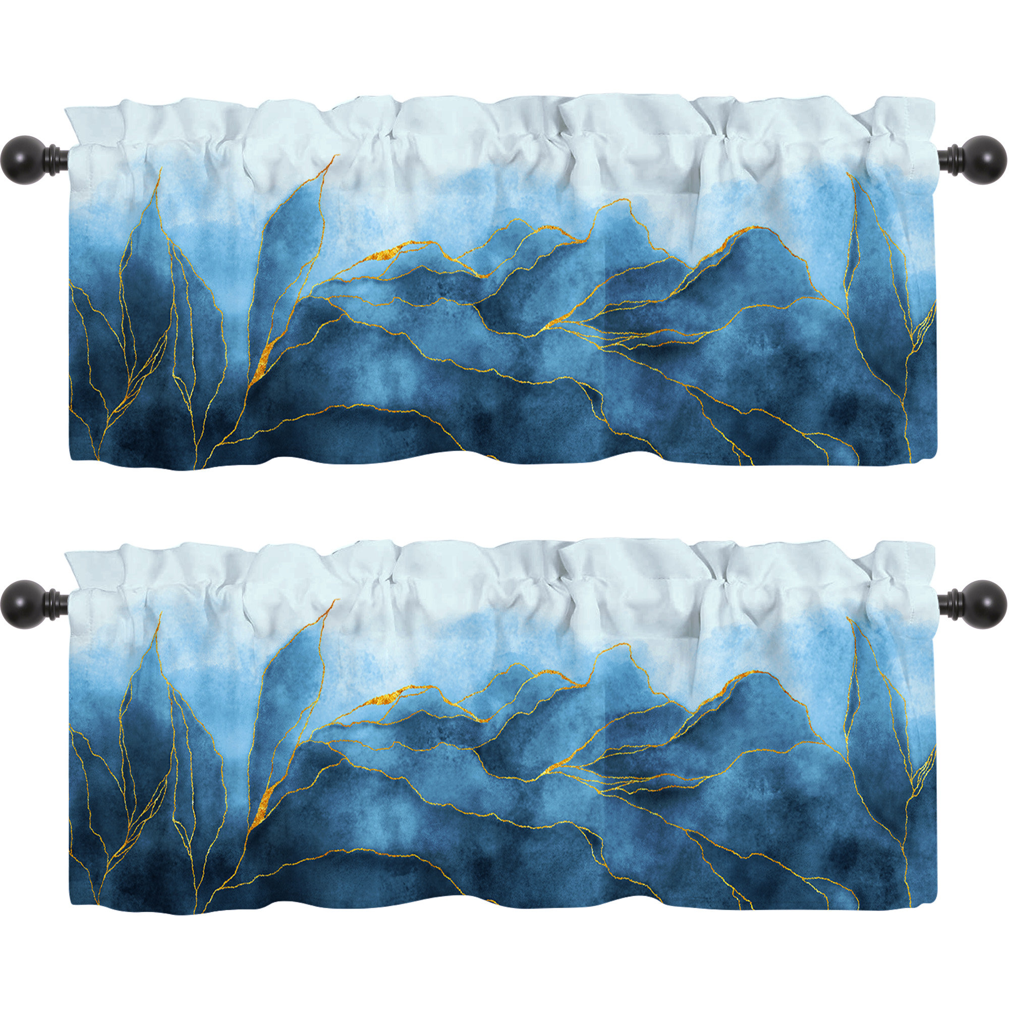 Mercer41 Blue Watercolor Golden Marble 52" W Window Valance (Set Of 2 ...