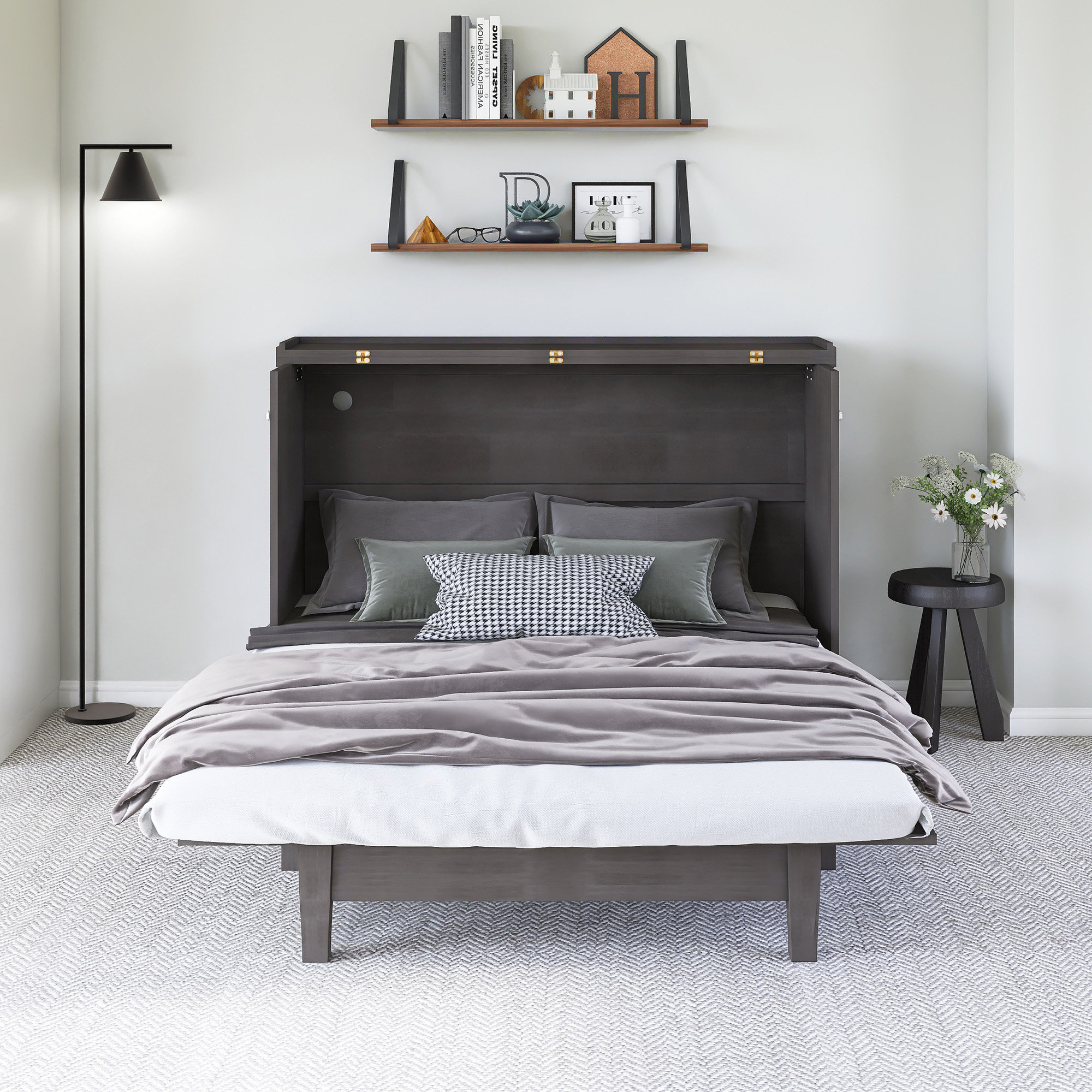 Gracie Oaks Solid Wood Murphy Bed With Charging Station, Drawers | Wayfair