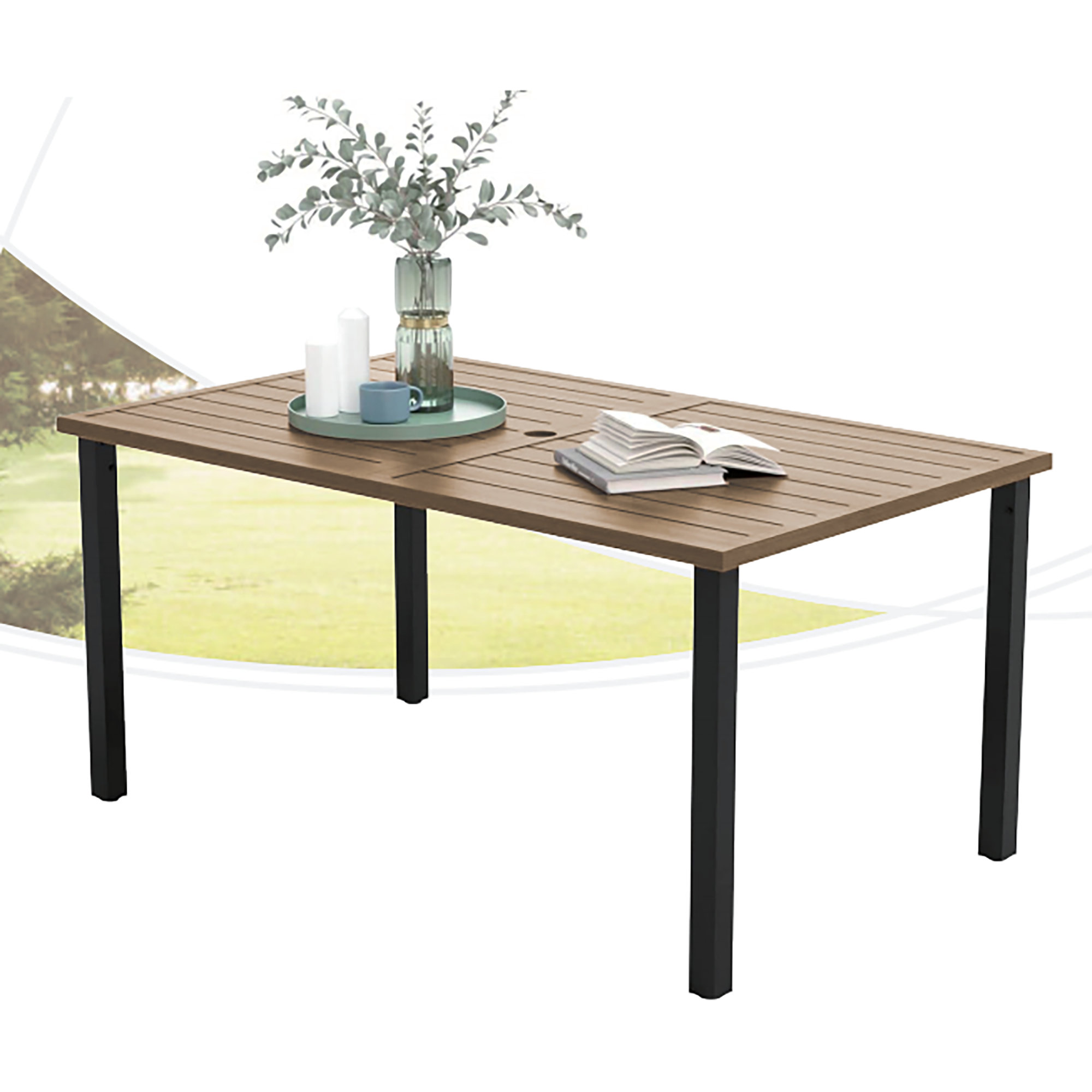 Hokku Designs Romik Rectangle Metal Frame Wood-like Patio Dining Table ...