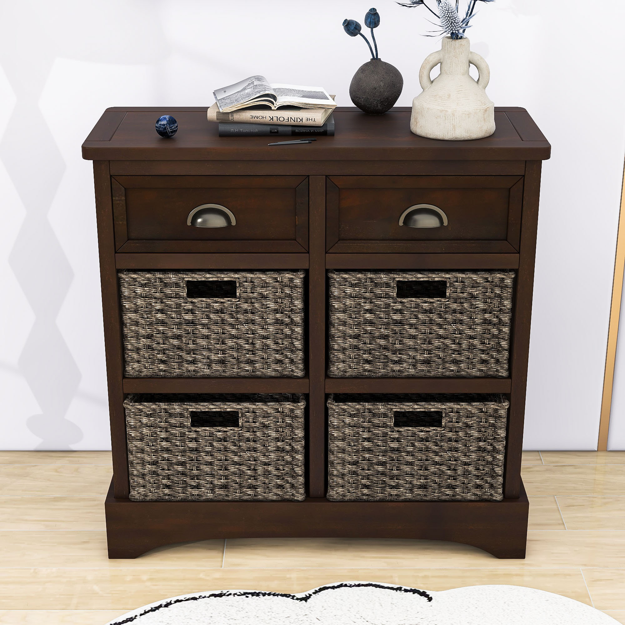 Lark Manor Wooden Accent Chest, Storage Cabinet with Rattan Basket and ...