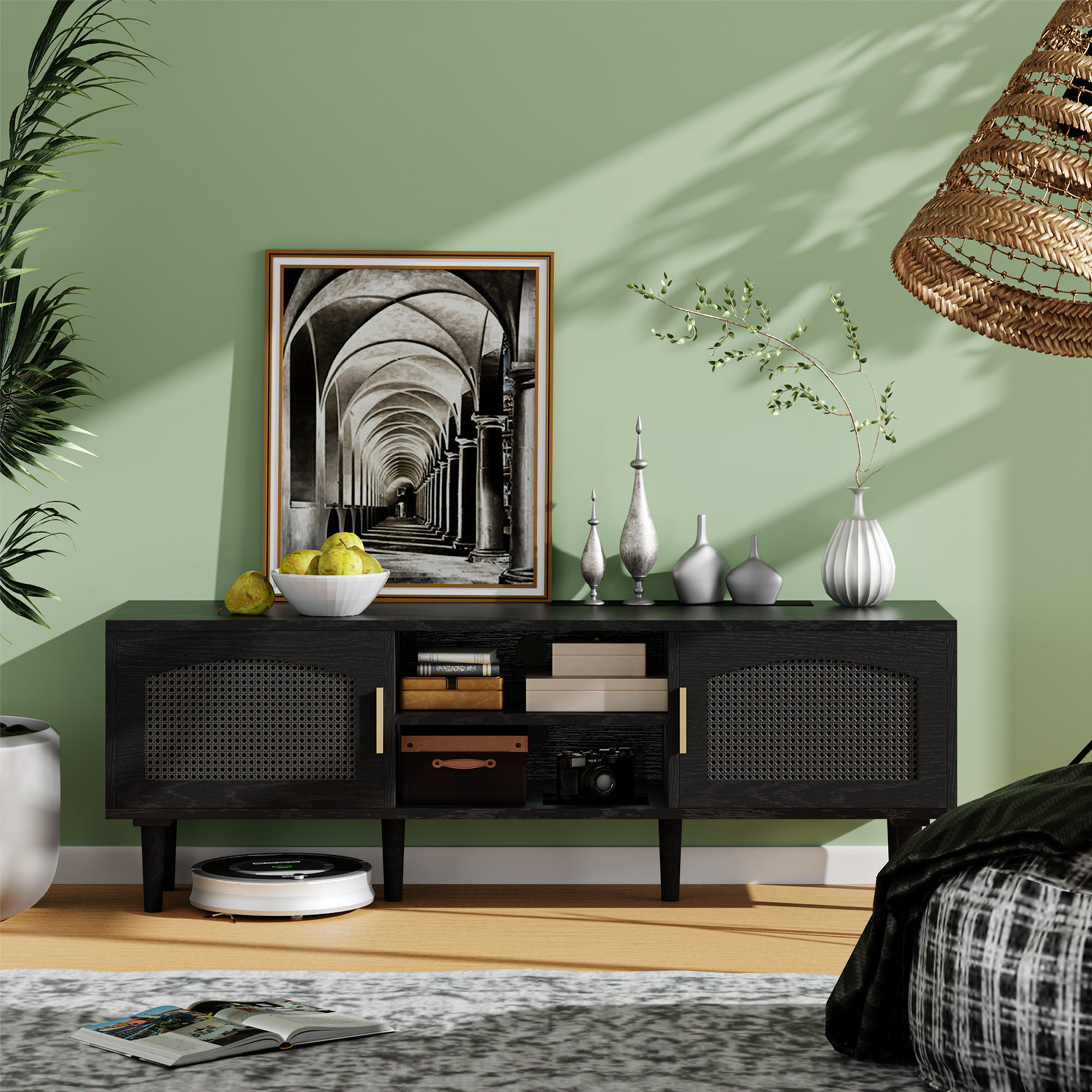 Bay Isle Home™ 55'' Tv Stand Cabinet, Tv Console Table With Wood Rattan ...