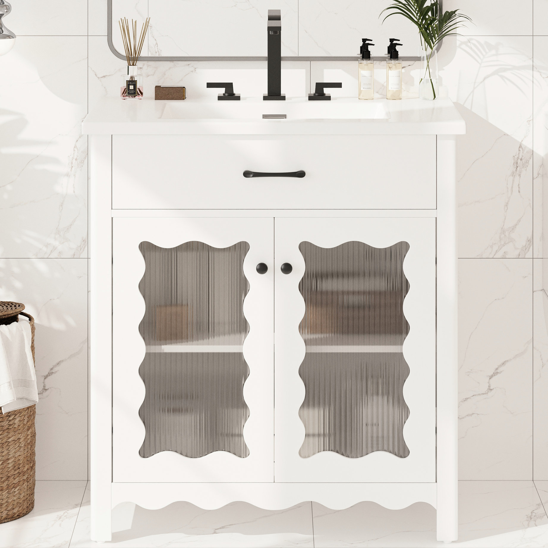 Hokku Designs 31" Bathroom Vanity With Vertical Striped Glass Doors ...