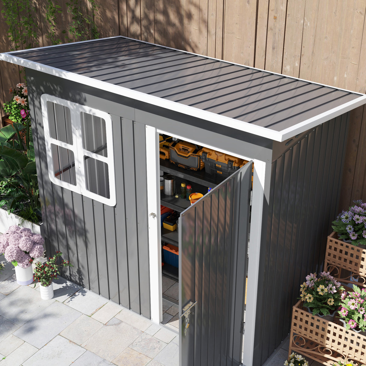 Outsunny Garden 7 ft. W 4 ft. D Galvanised Steel Sloped Storage Shed ...