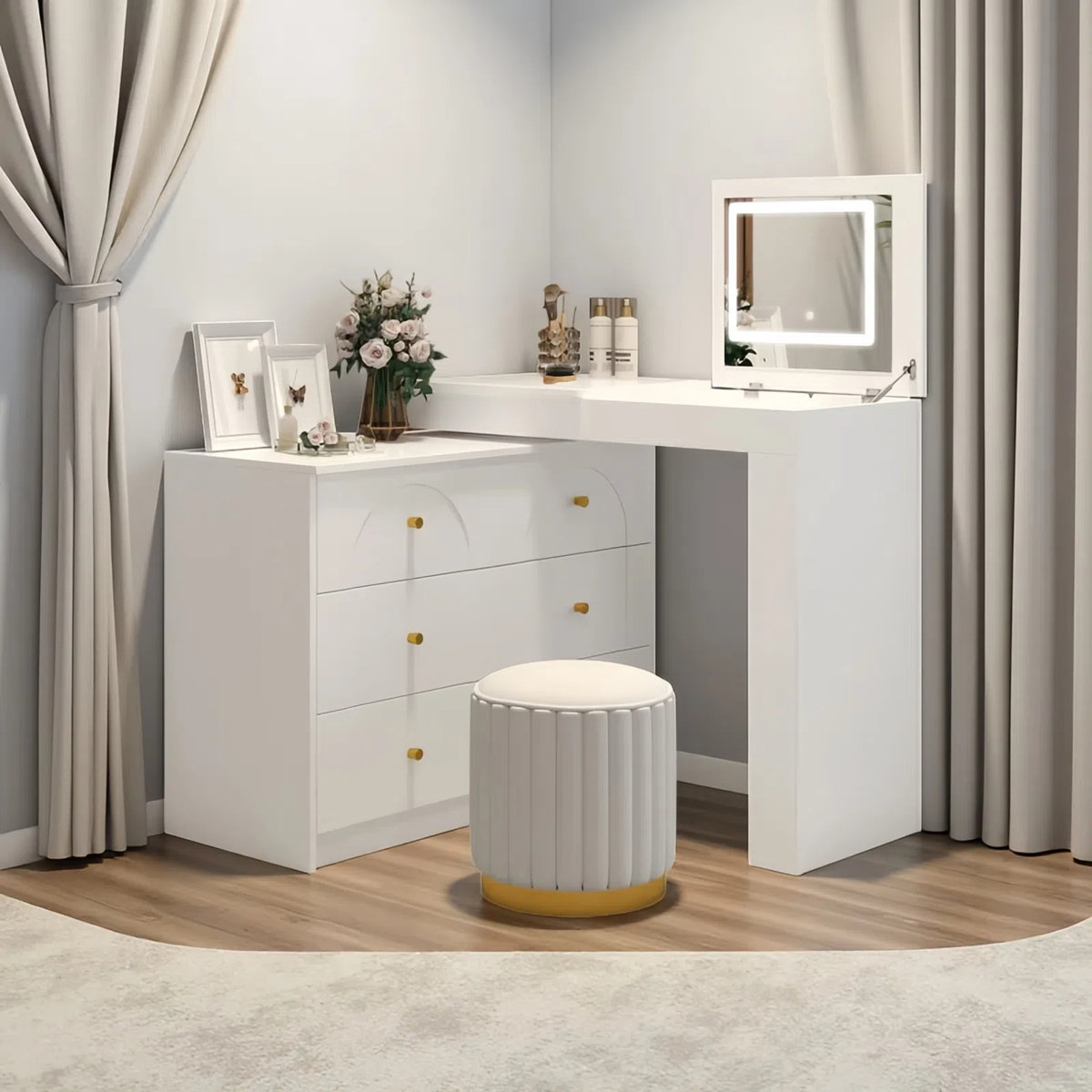 Everly Quinn Convertible L-Shape Vanity Desk With Mirror, LED Lights ...